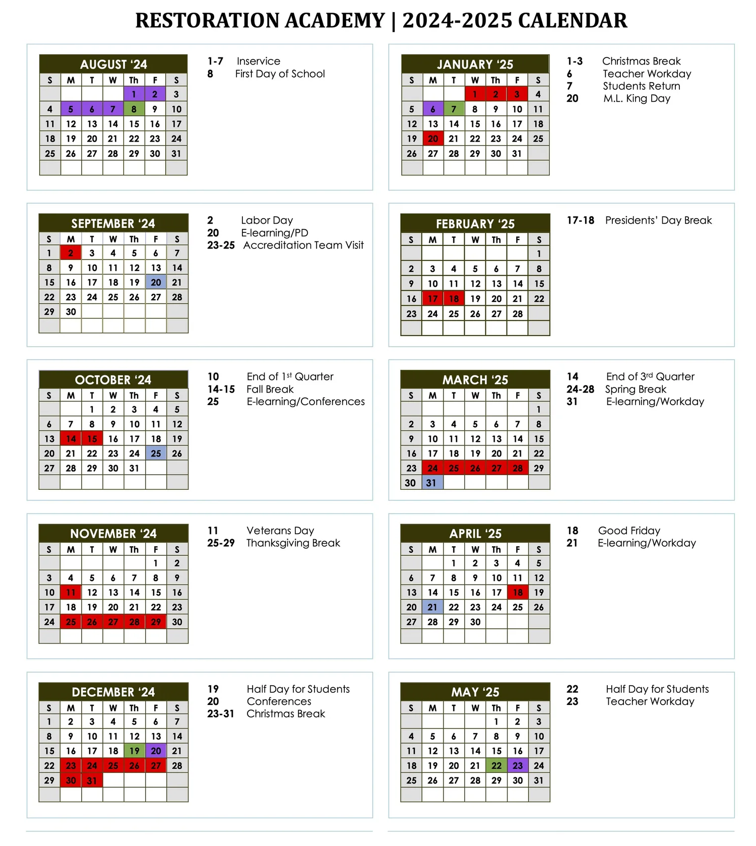 School Calendar — Restoration Academy