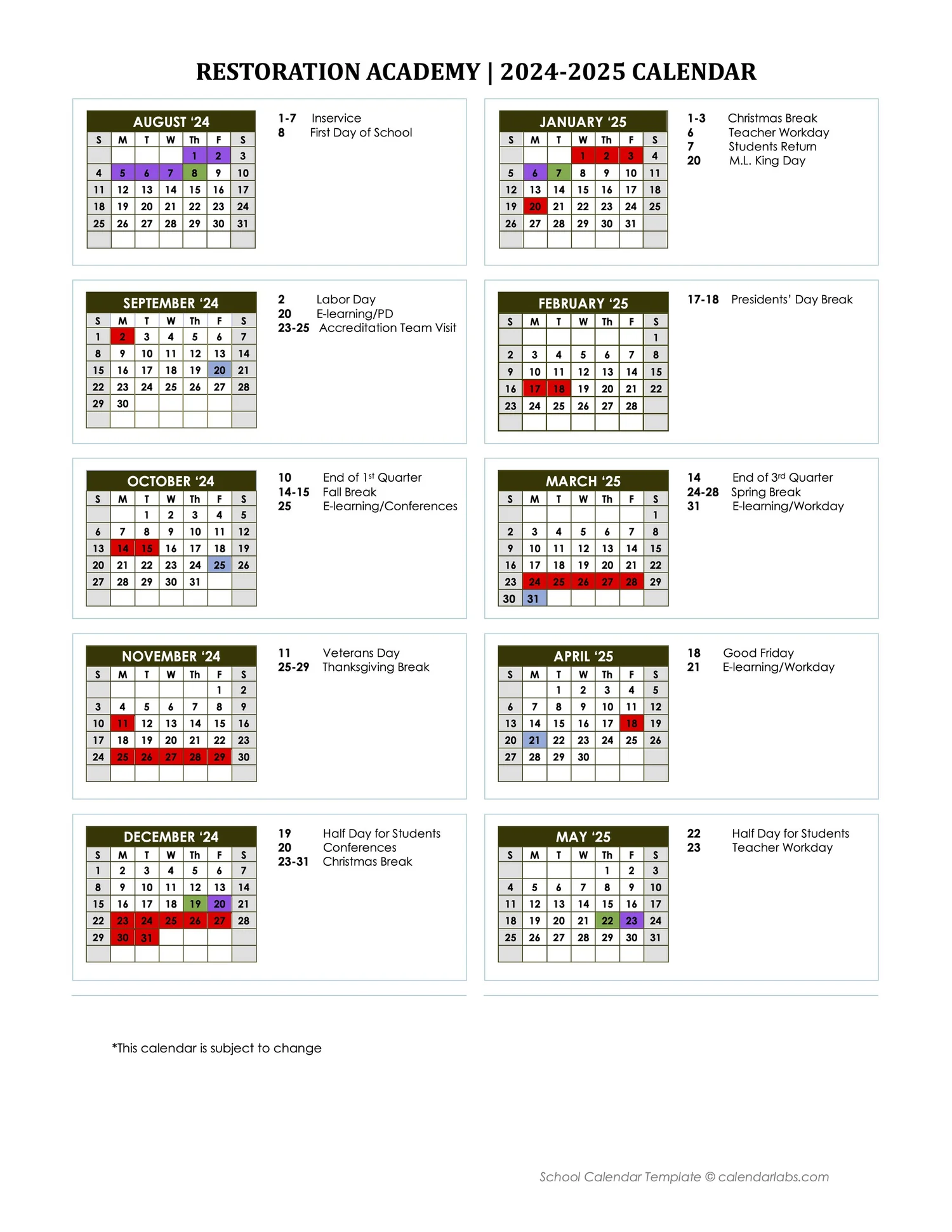 2024-2025 School Calendar — Restoration Academy