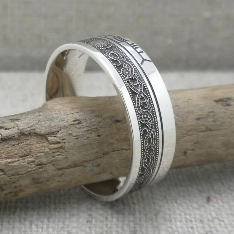 Celtic Warrior Shield Wedding Ring 7.2 mm with Ogham Rail Edge — Unique ...
