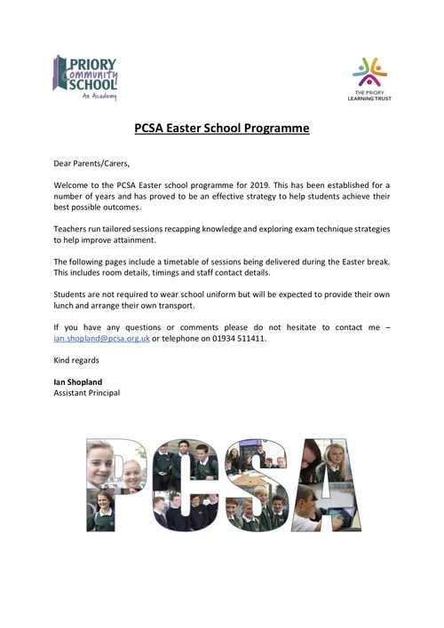 Easter School Programme 2019 — PCSA