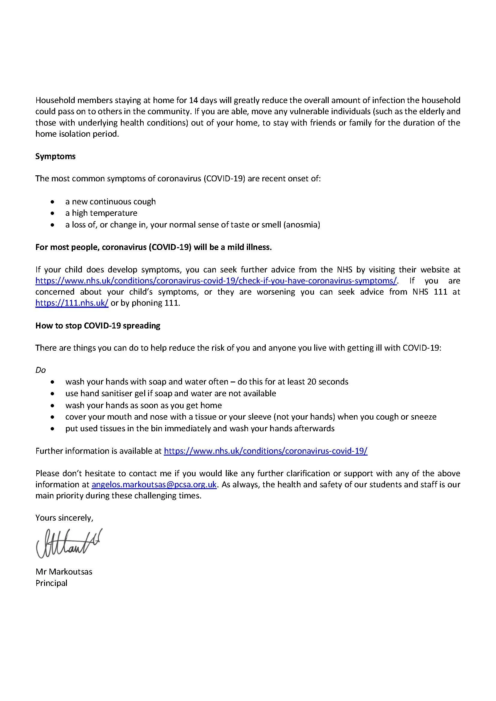 Principal's Update - COVID-19 — PCSA
