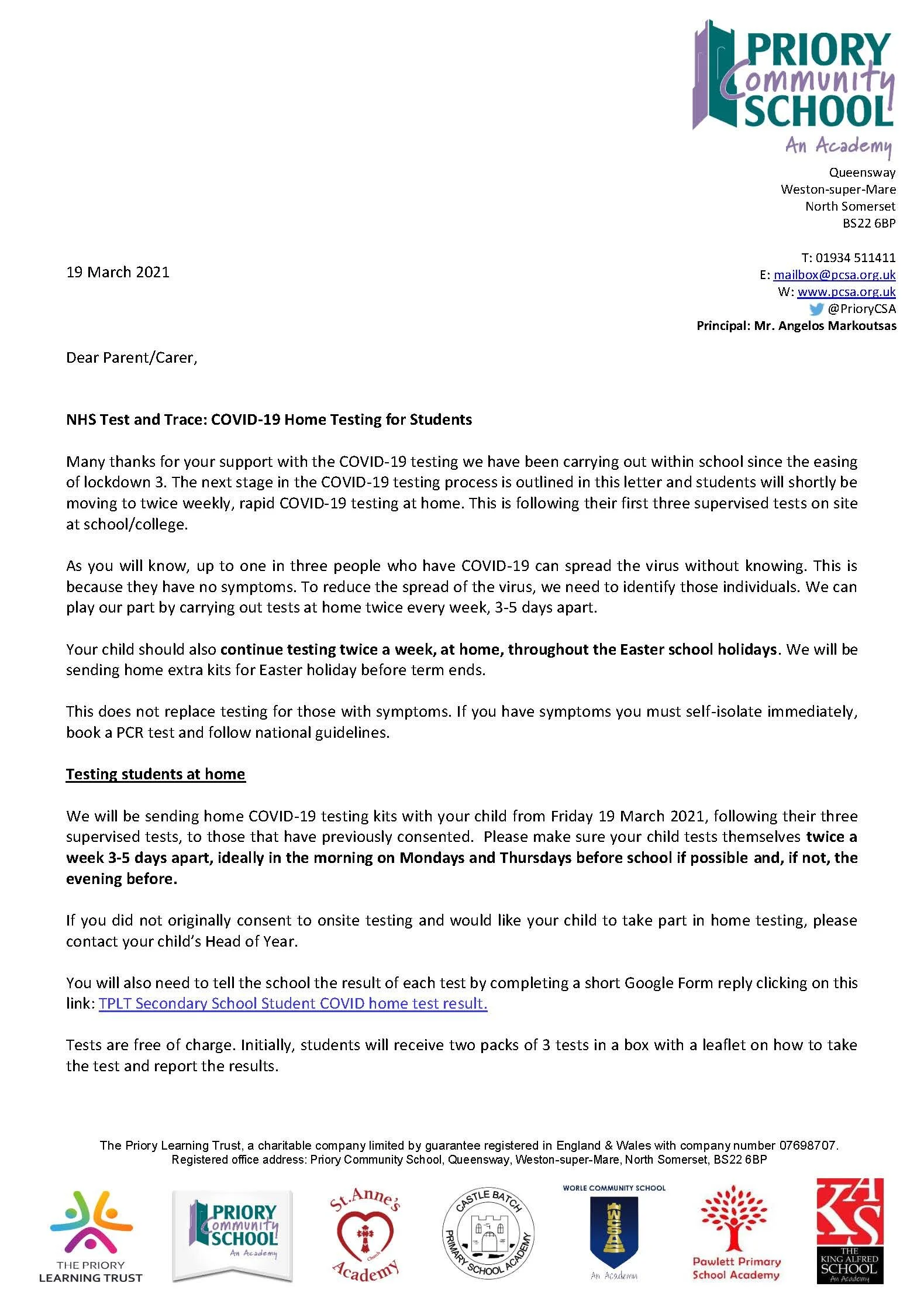 Secondary Home Testing Letter (all parents/carers) — PCSA