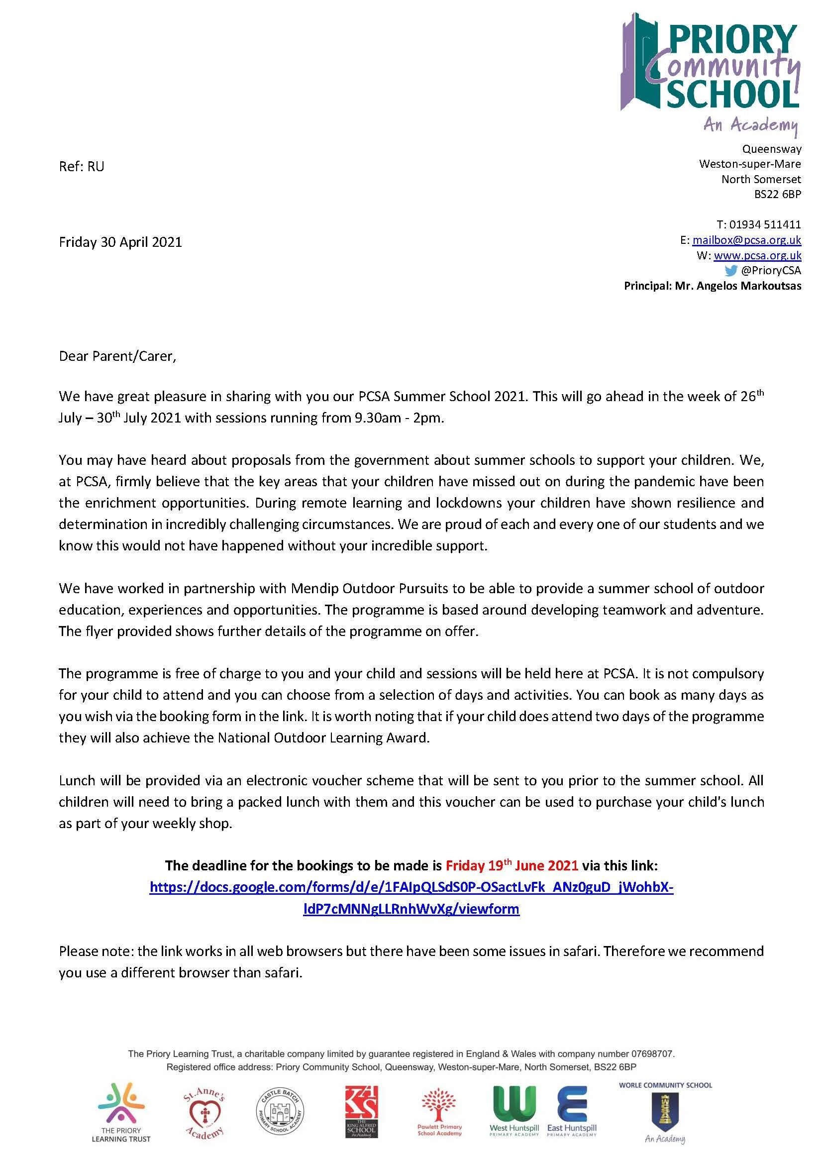 Year 8 Summer School - Letter to Parents/Carers — PCSA