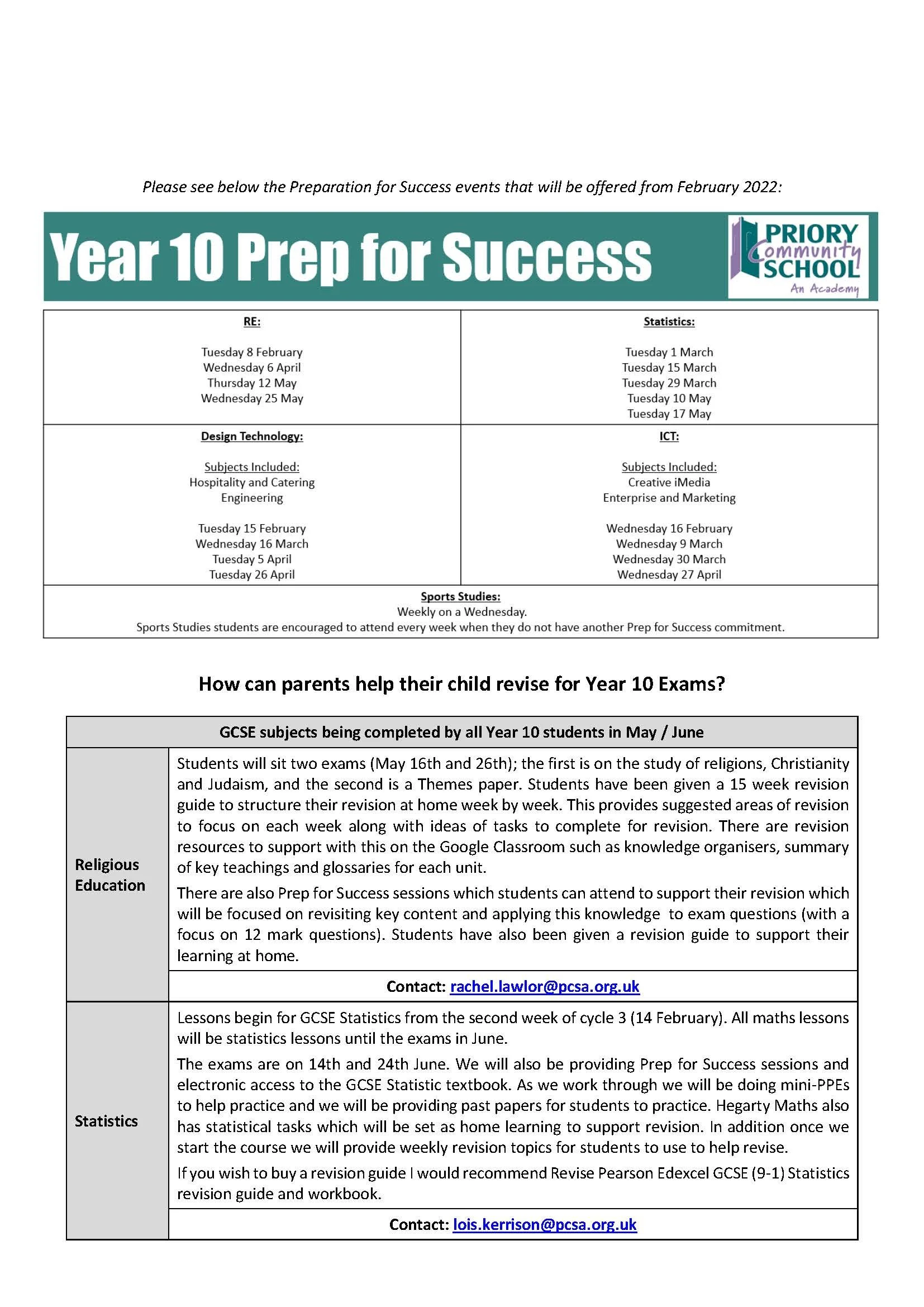Year 10 Prep for Success: After School Revision — PCSA