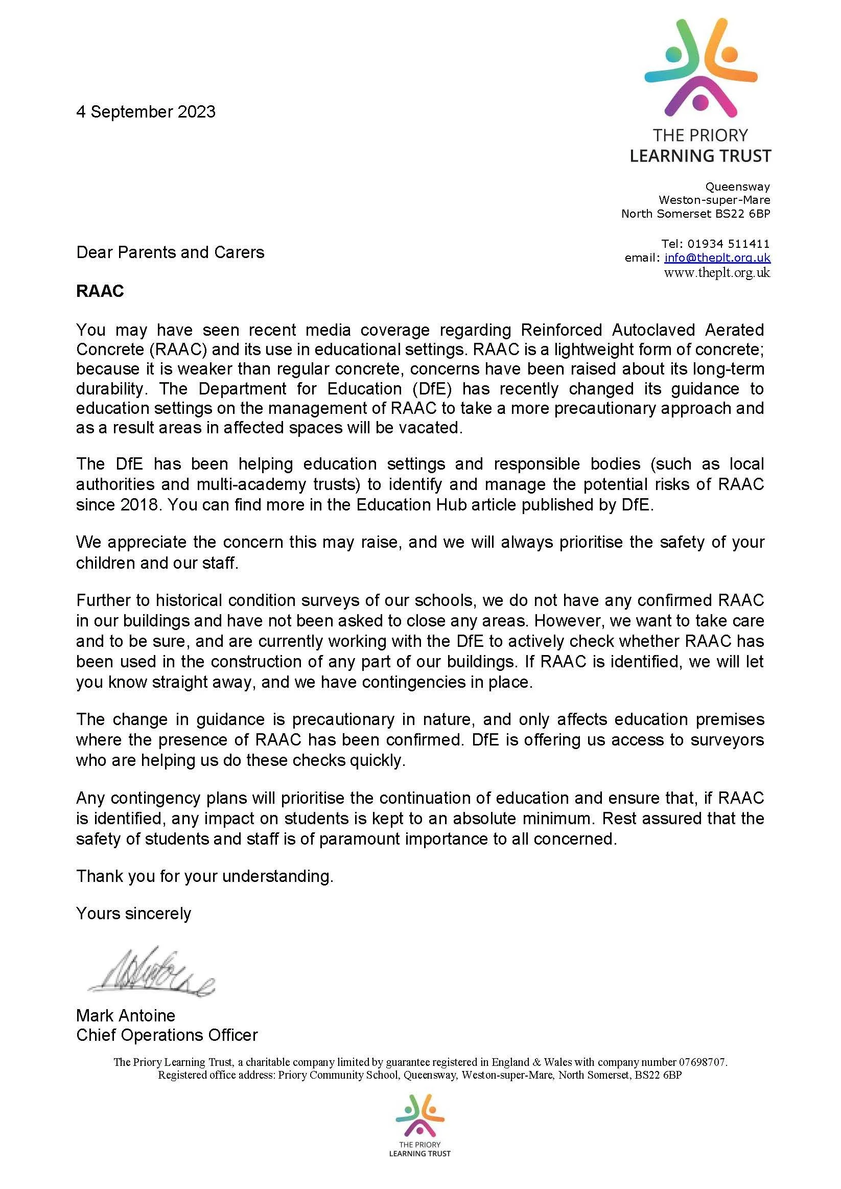 Letter from The Priory Learning Trust in regards to RAAC — PCSA