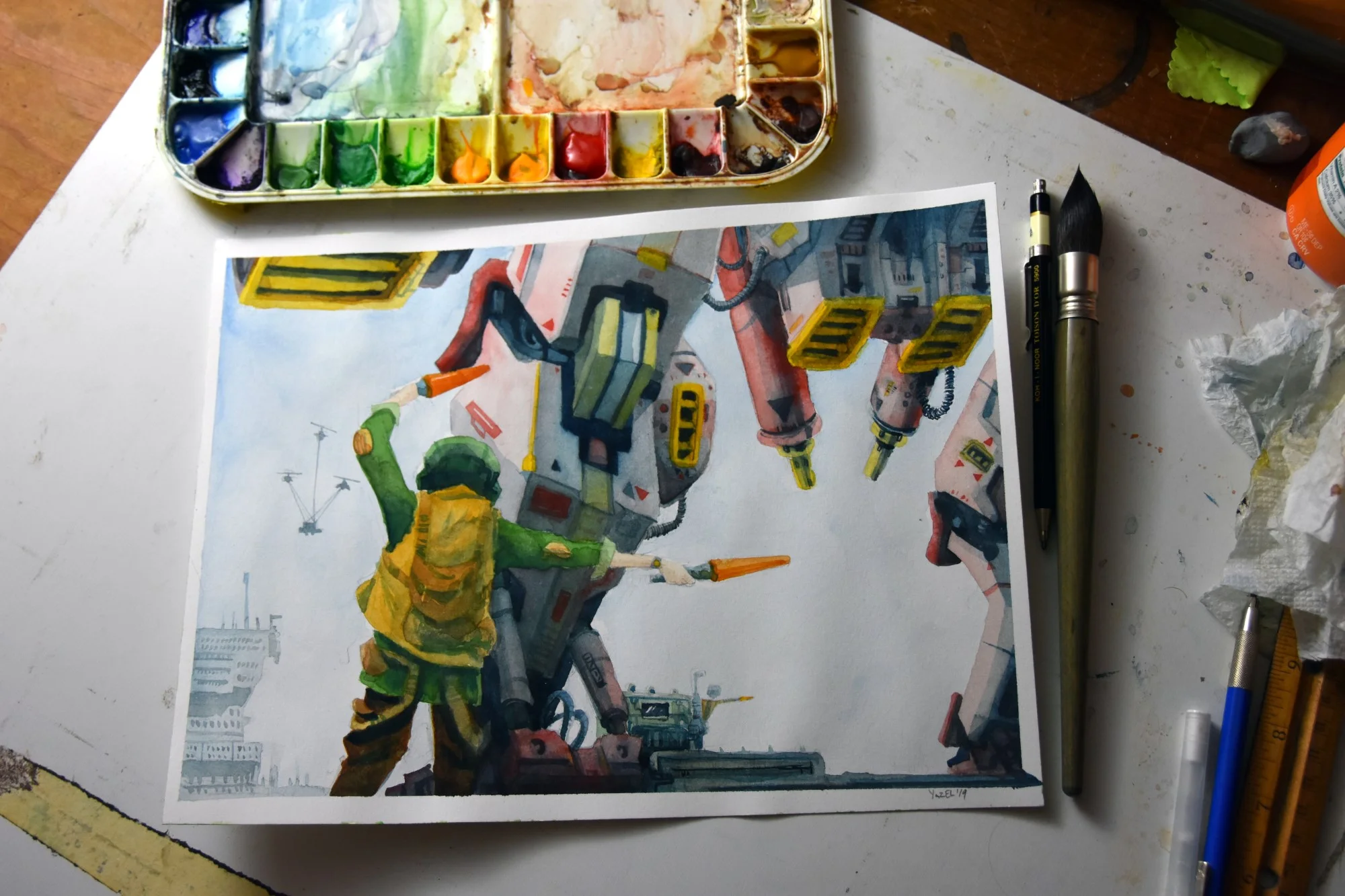 On the Carrier- Original Mech Painting in Watercolor — Yazel Media