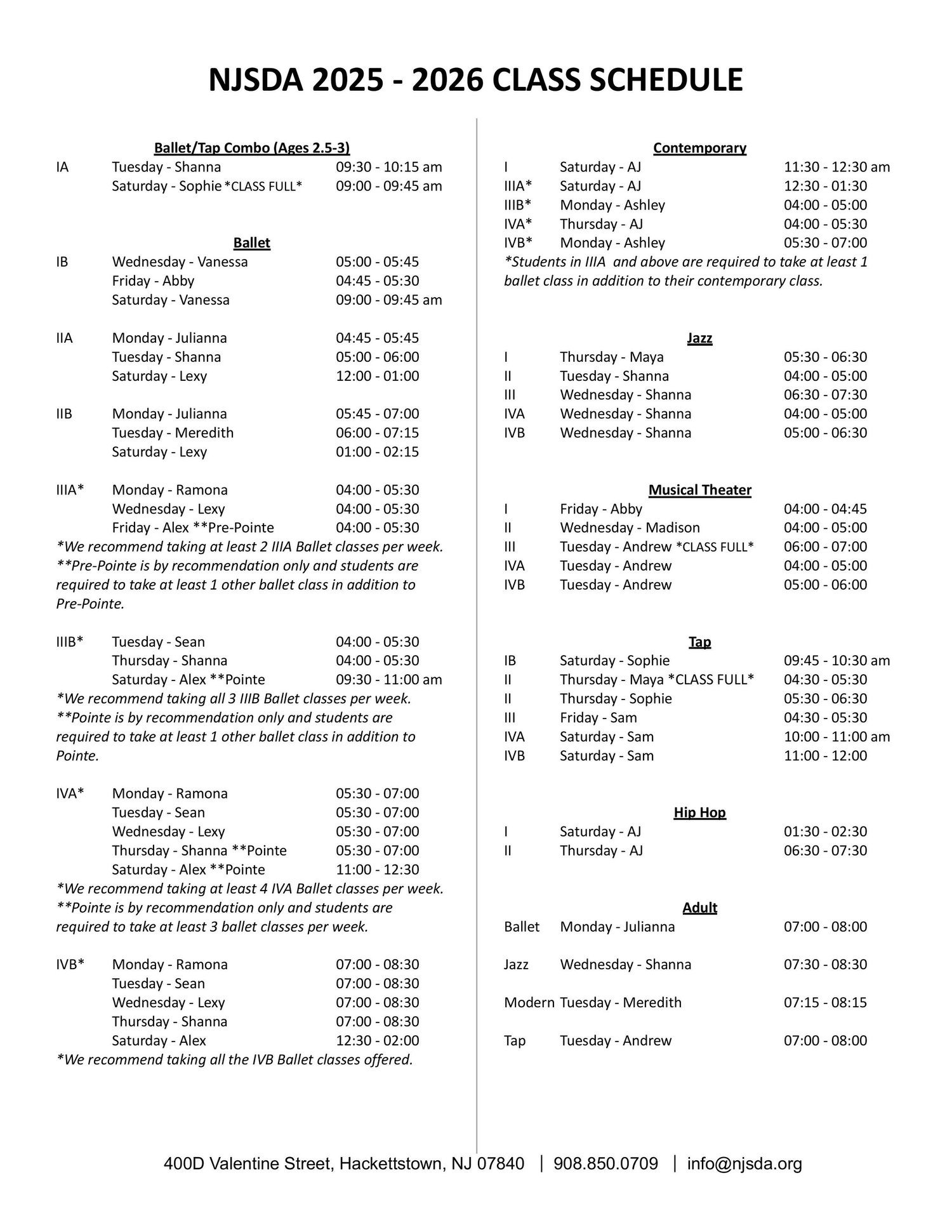 2025-2026 Class Schedule — NJSDA