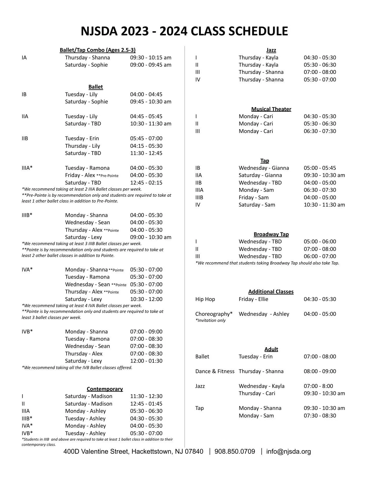 Class Schedule — NJSDA