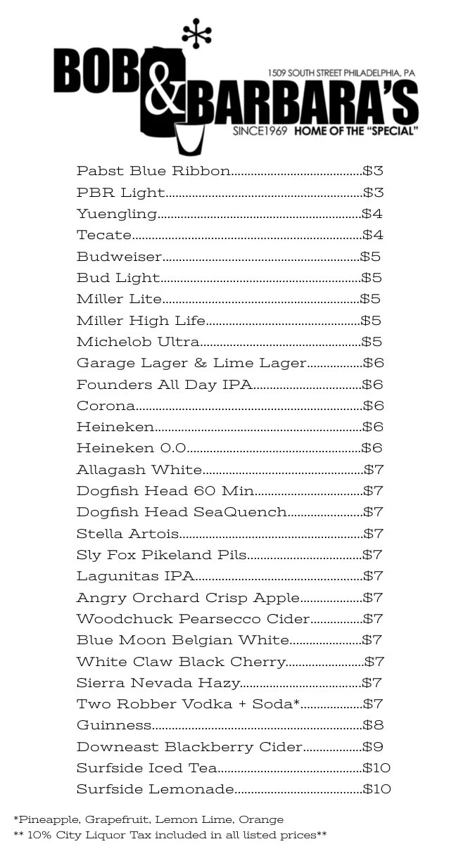 Menu — Bob & Barbara's Lounge