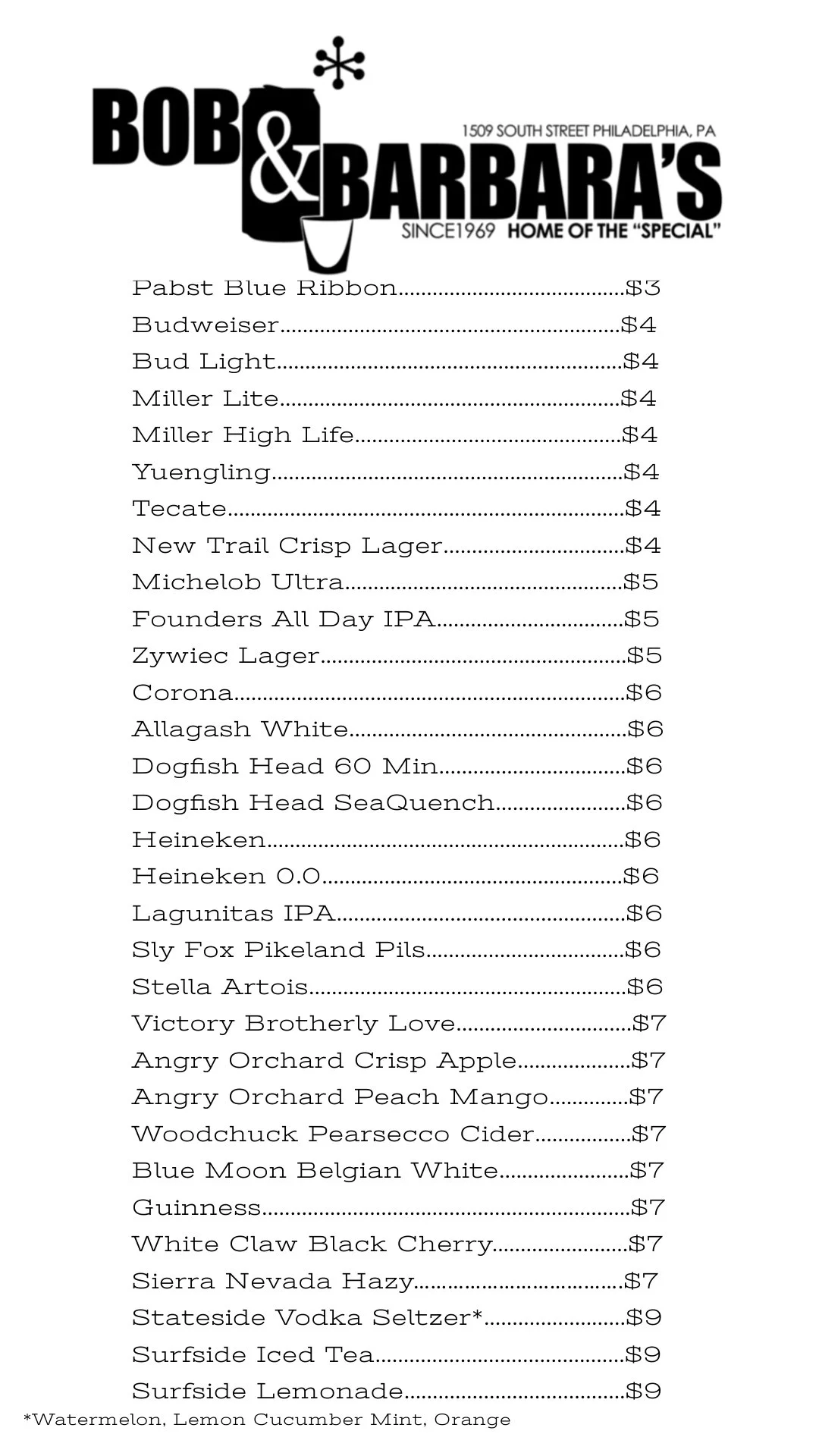 Menu — Bob & Barbara's Lounge