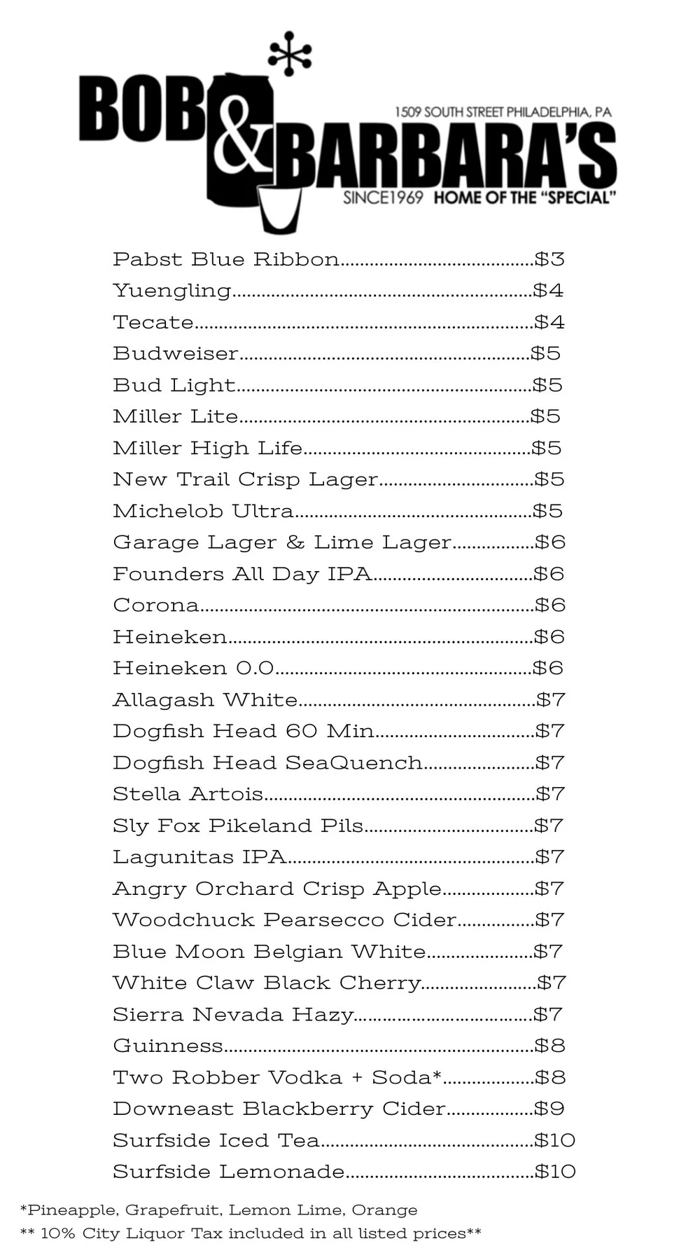 Menu — Bob & Barbara's Lounge