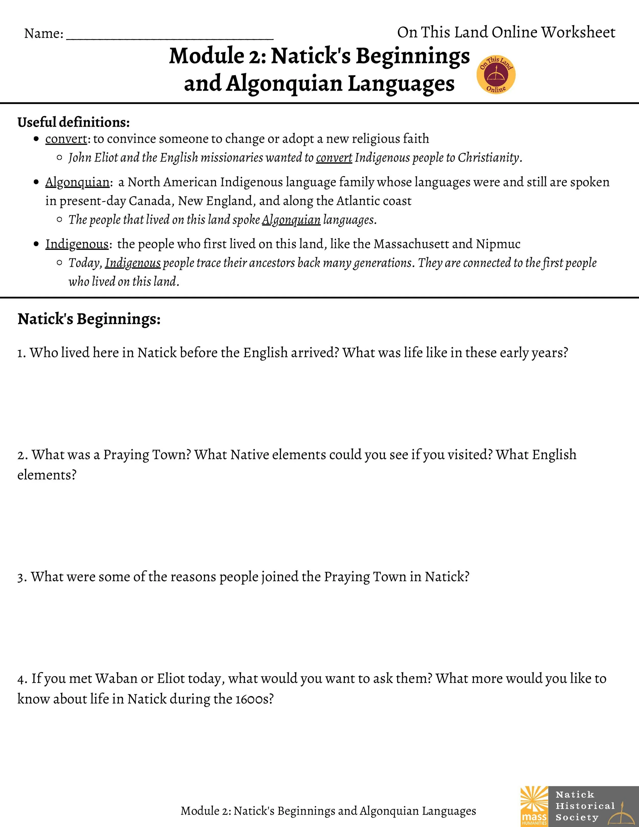 Worksheets — Natick Historical Society