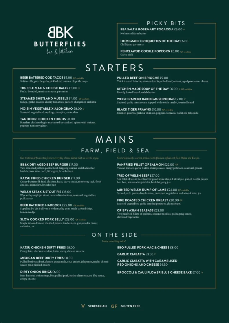 MENU — Butterflies Bar & Kitchen