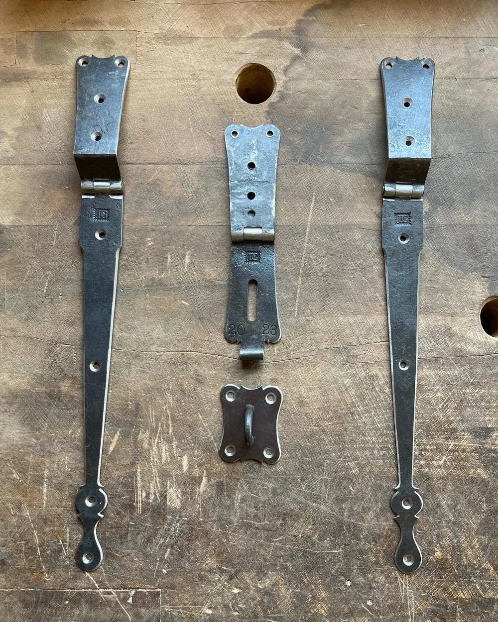 Set of Forged 18th Century Style Dutch Tool Chest Hardware — Axe and Anvil