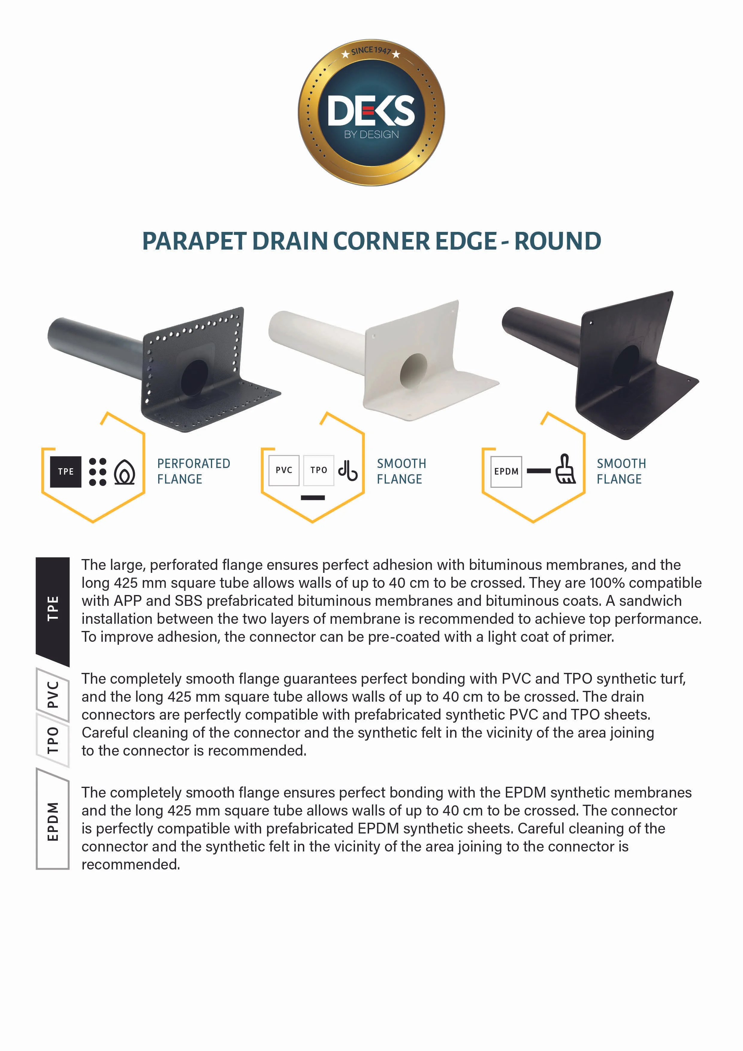 Horizontal Parapet Drain Round — DEKS Industries Europe Limited