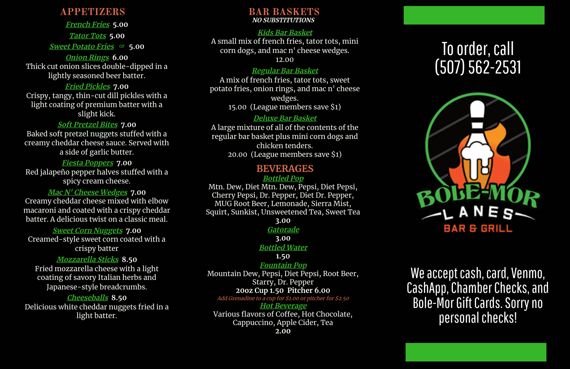 Menu — Bole-Mor Lanes