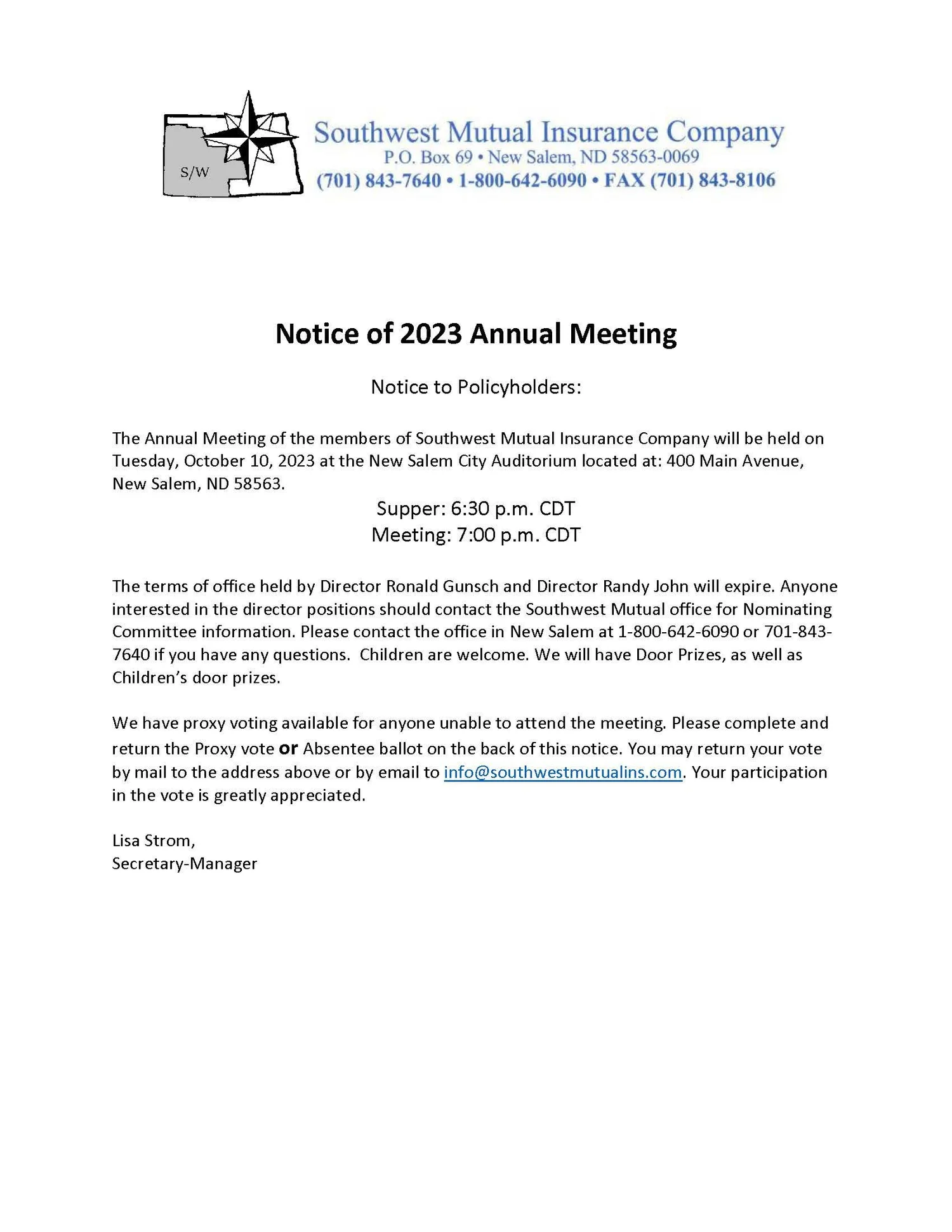 Annual Meeting — Southwest Mutual Insurance Co.