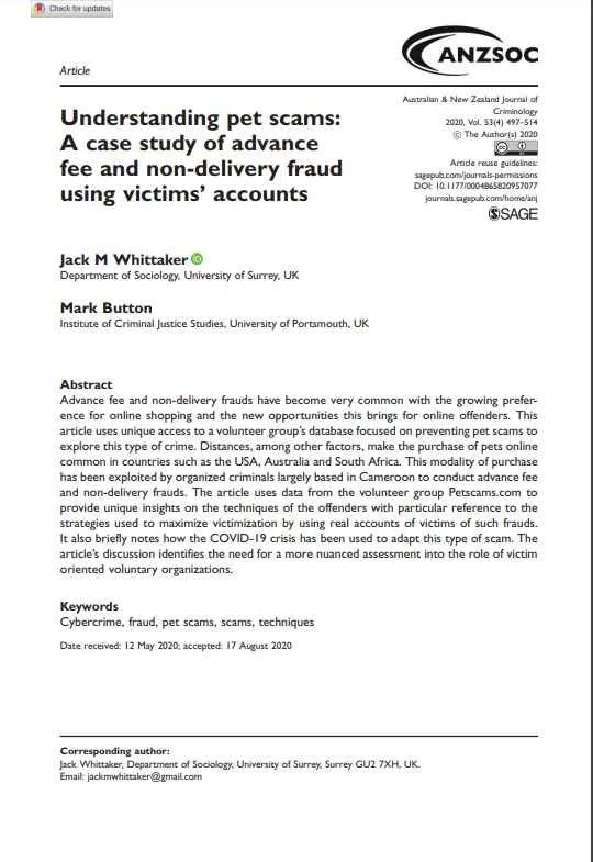 Understanding pet scams: A case study of advance fee and non-delivery ...