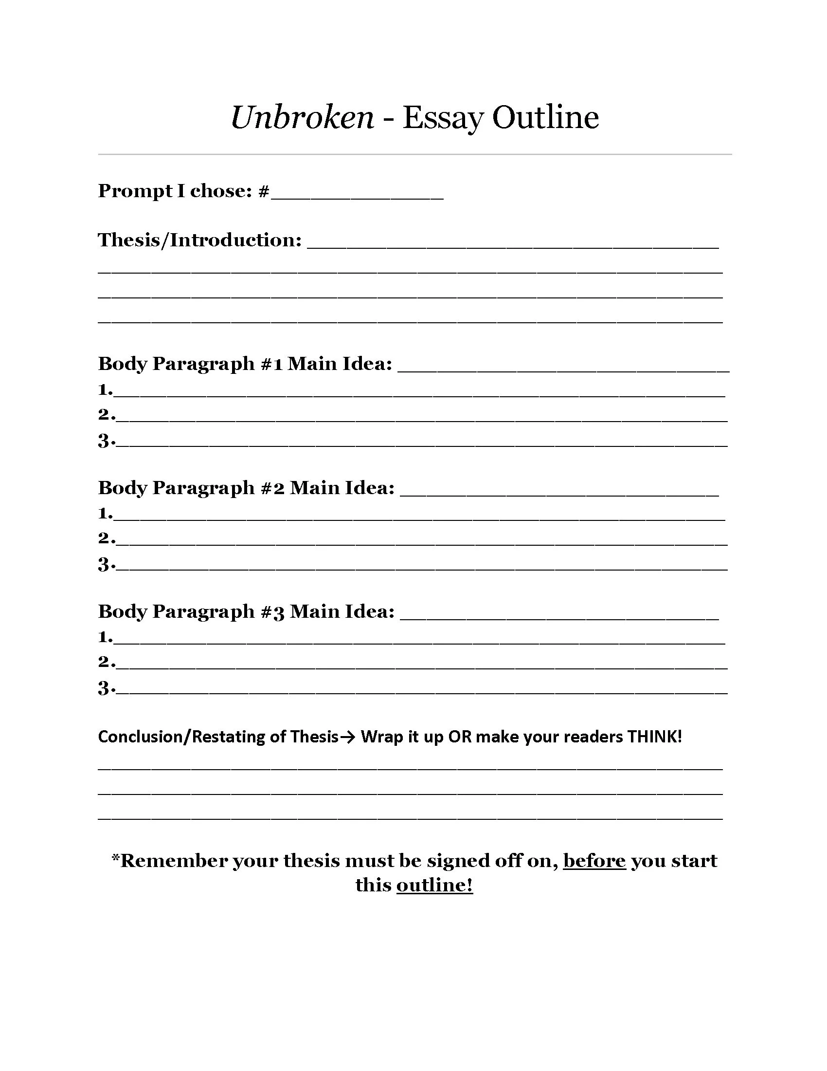 Essay Outline Work Sheet — The Louis Zamperini Foundation Unbroken ...