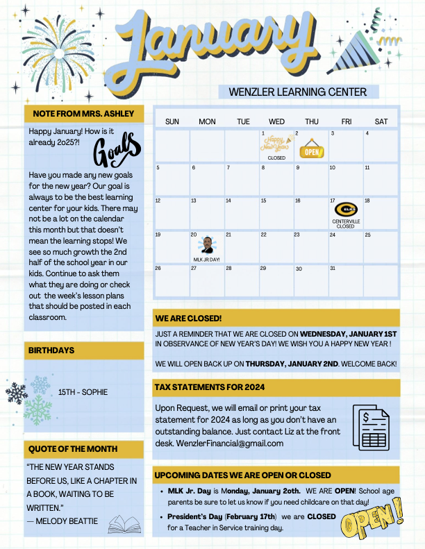 January 2025 Newsletter — Wenzler Preschool and Learning Center