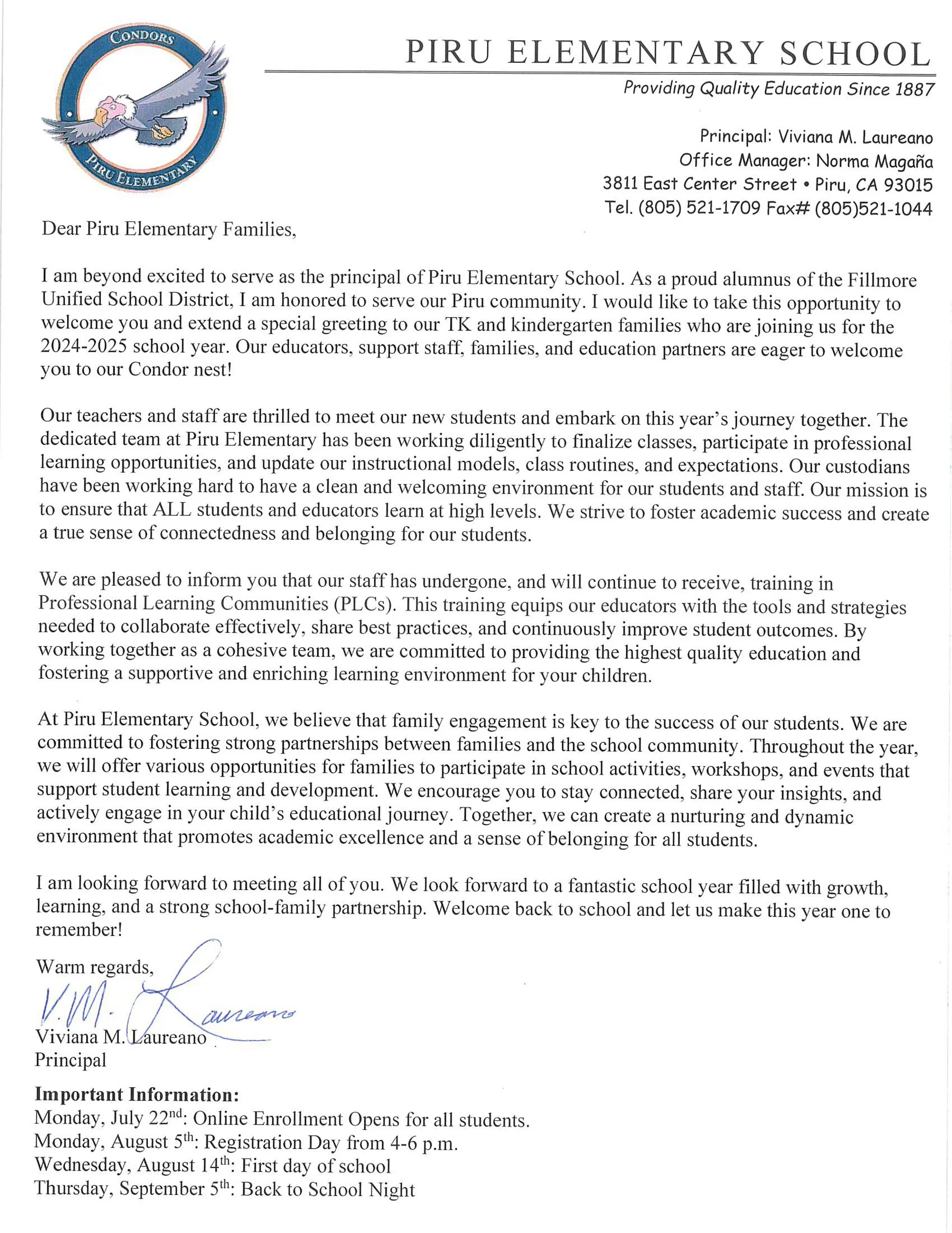 2024-25 Welcome Letter from new Principal Viviana M. Laureano [English ...