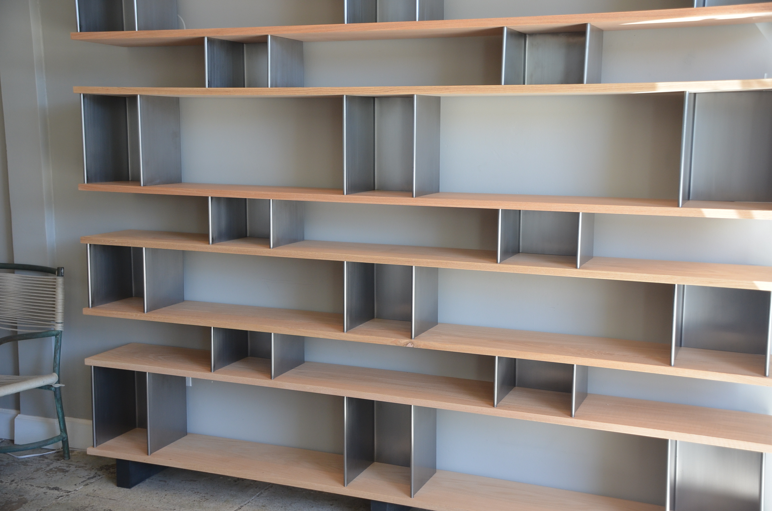 Large Polished Steel 'Horizontale' Oak Shelving Unit — Blend Interiors