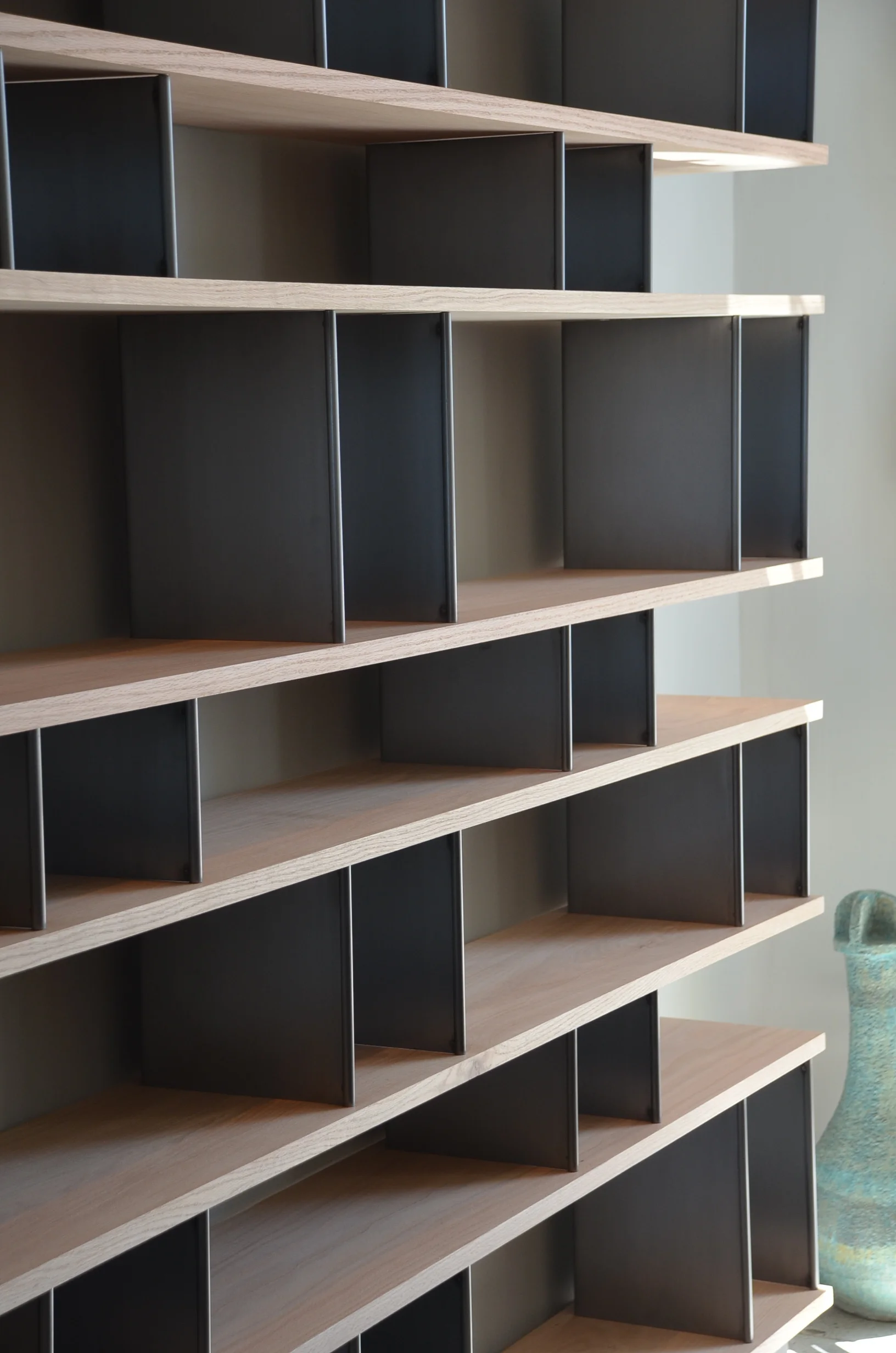 Large Polished Steel 'Horizontale' Oak Shelving Unit — Blend Interiors