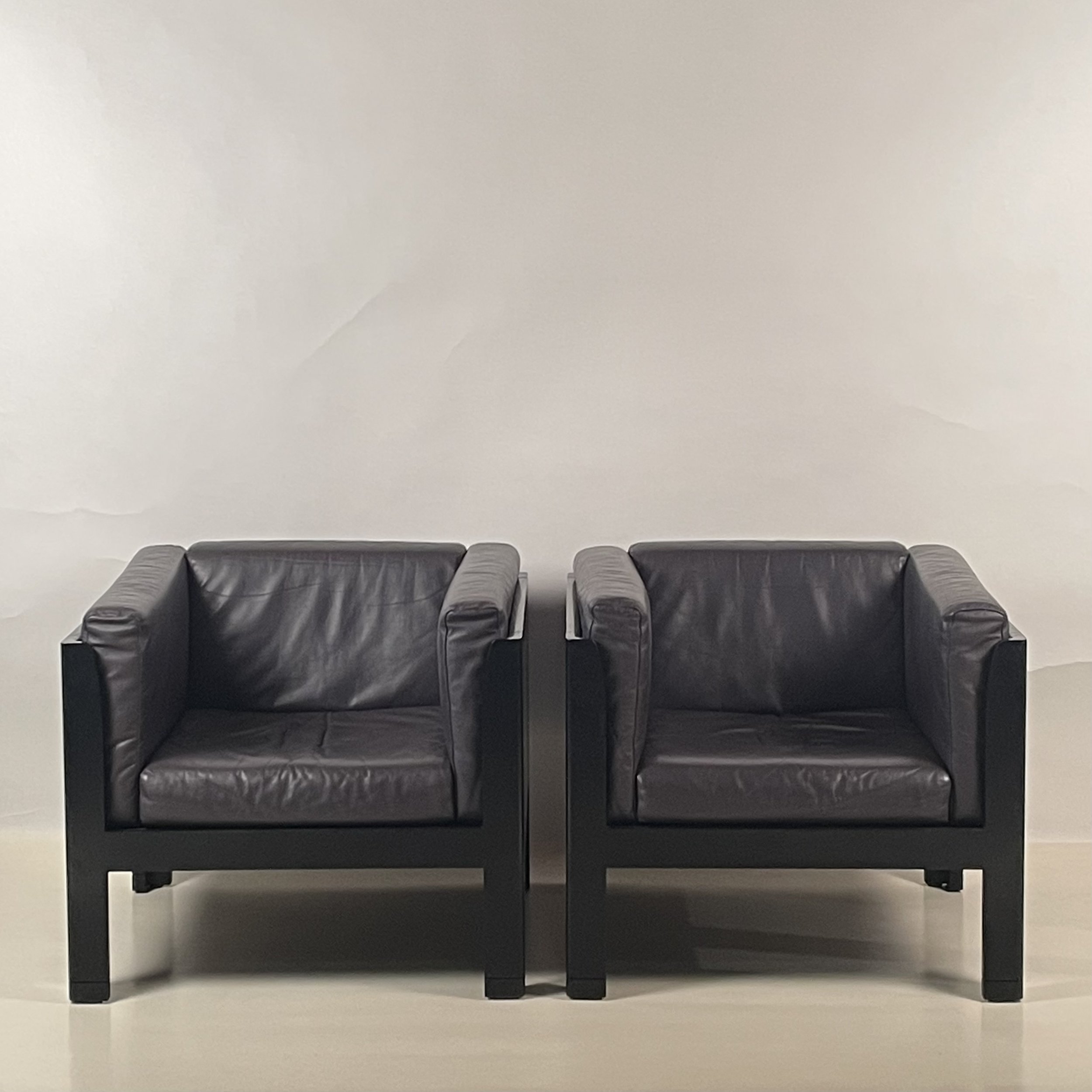 Rare Pair of Post-Modern Ebonized Oak and Leather Club Chairs by Brian ...