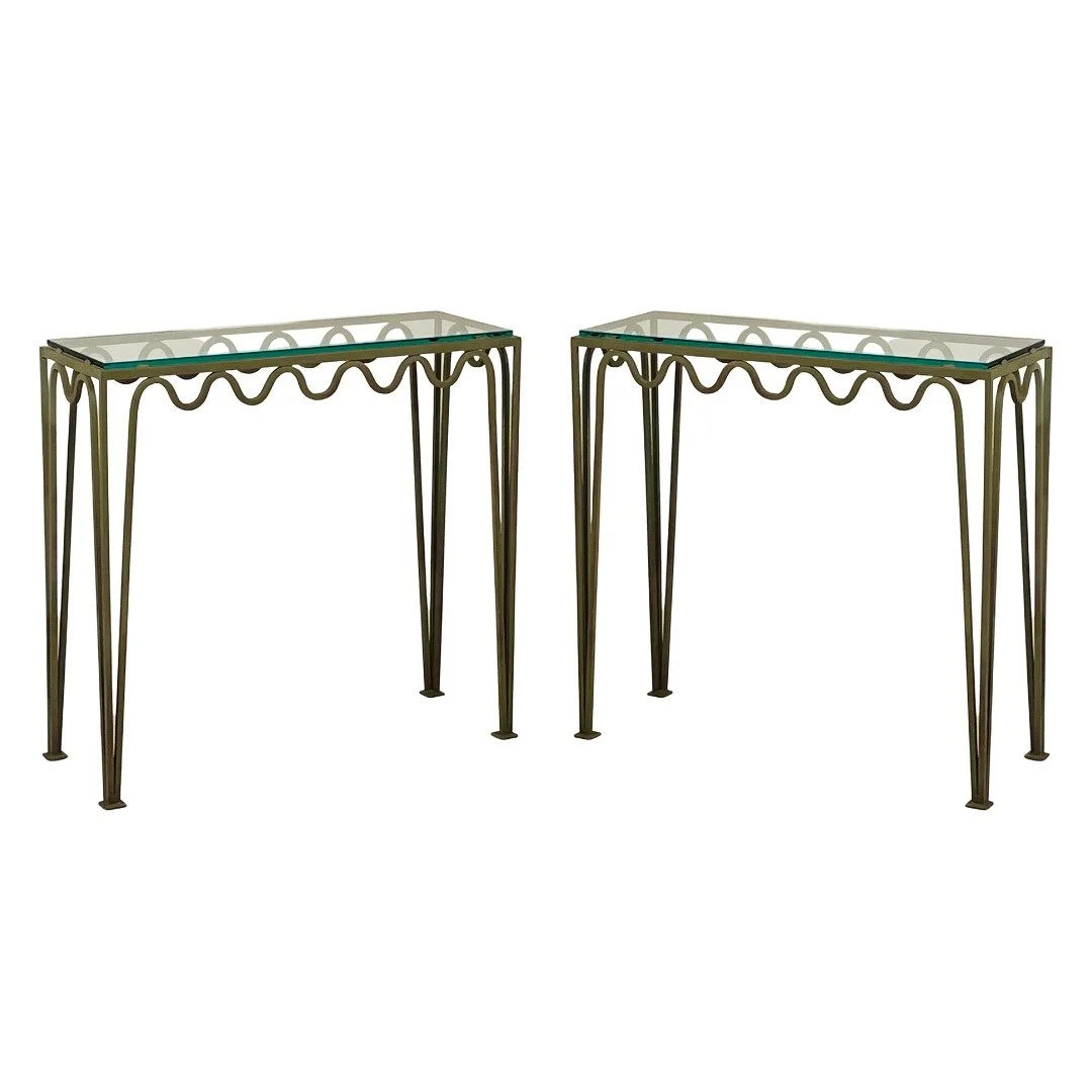 Pair of Chic Verdigris 'Méandre' and Glass Consoles by Design Frères ...