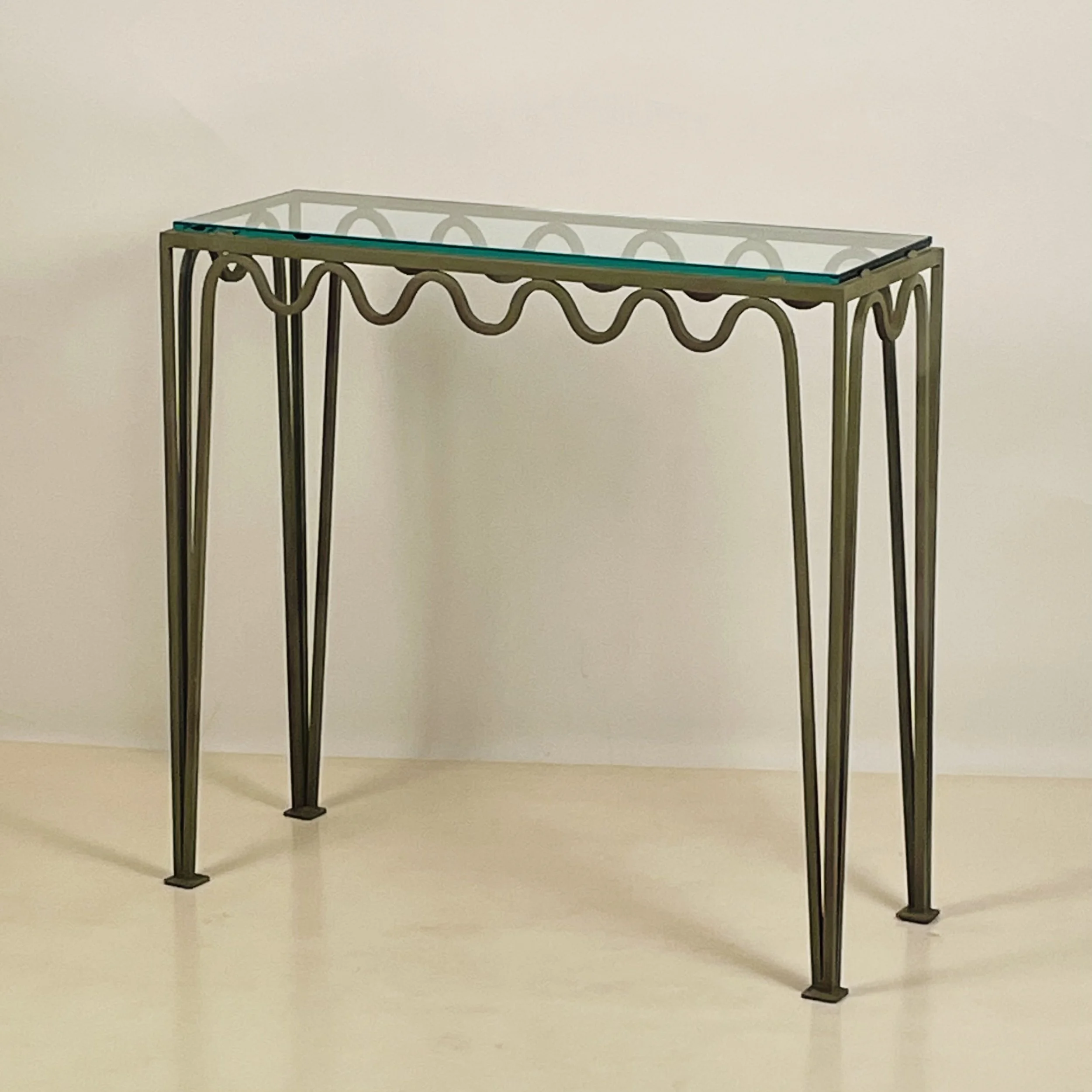 Pair of Chic Verdigris 'Méandre' and Glass Consoles by Design Frères ...