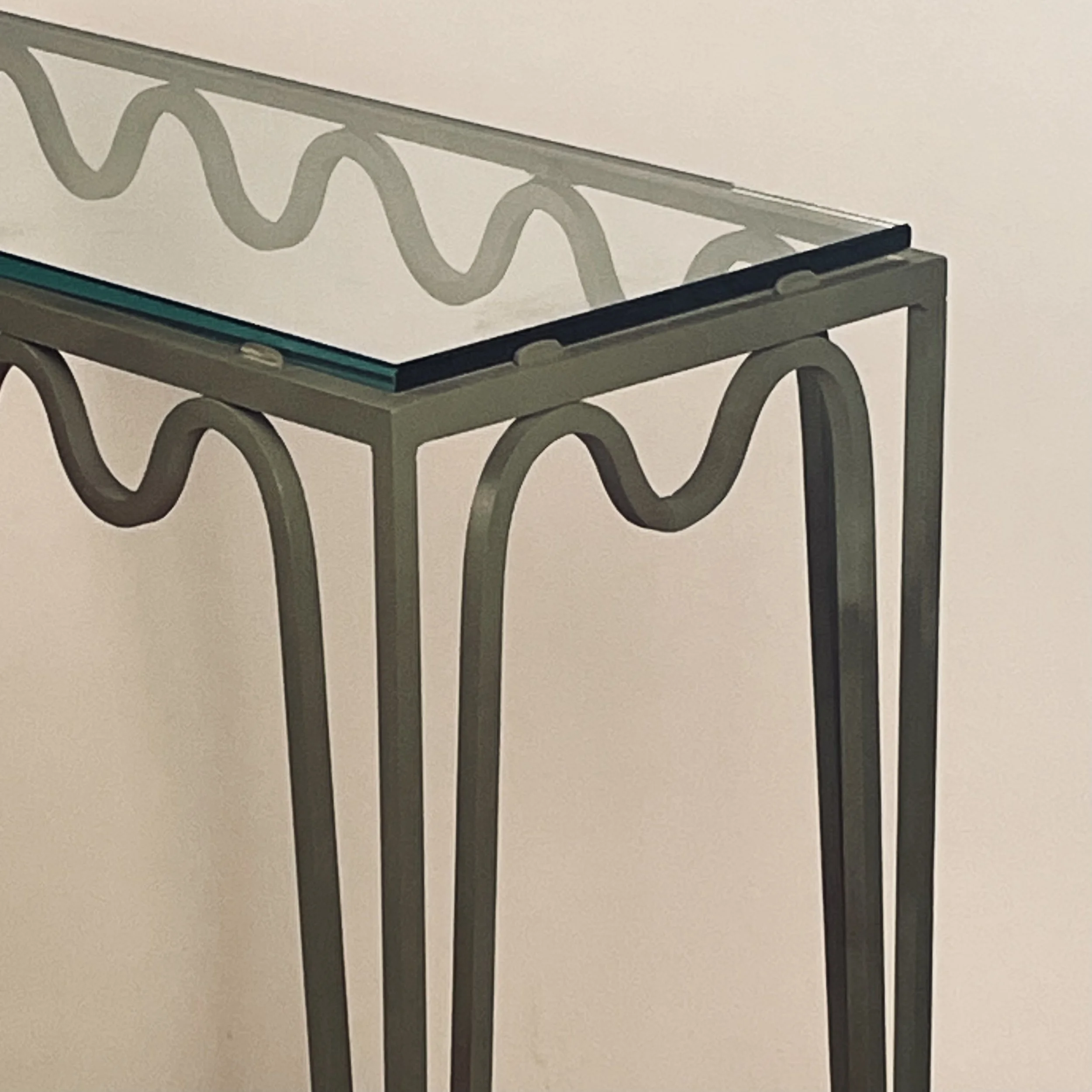 Pair of Chic Verdigris 'Méandre' and Glass Consoles by Design Frères ...