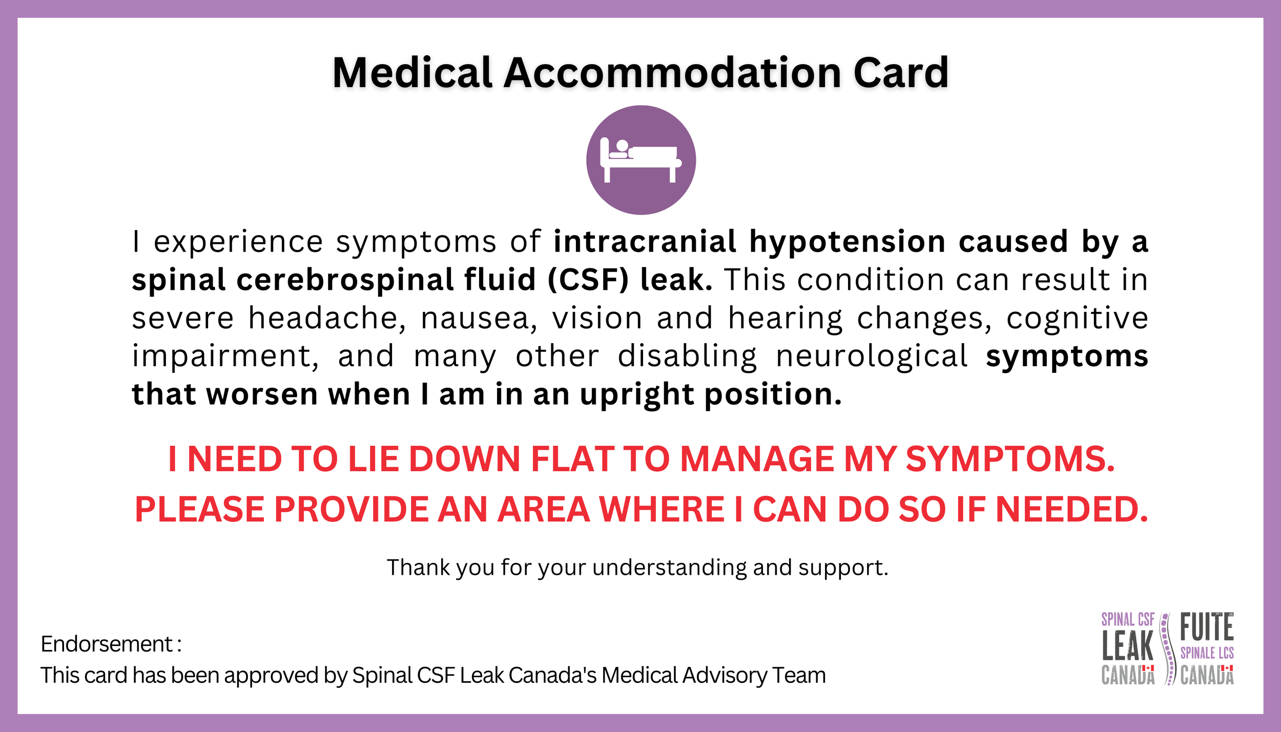 Medical Accommodation Card — SPINAL CSF LEAK CANADA