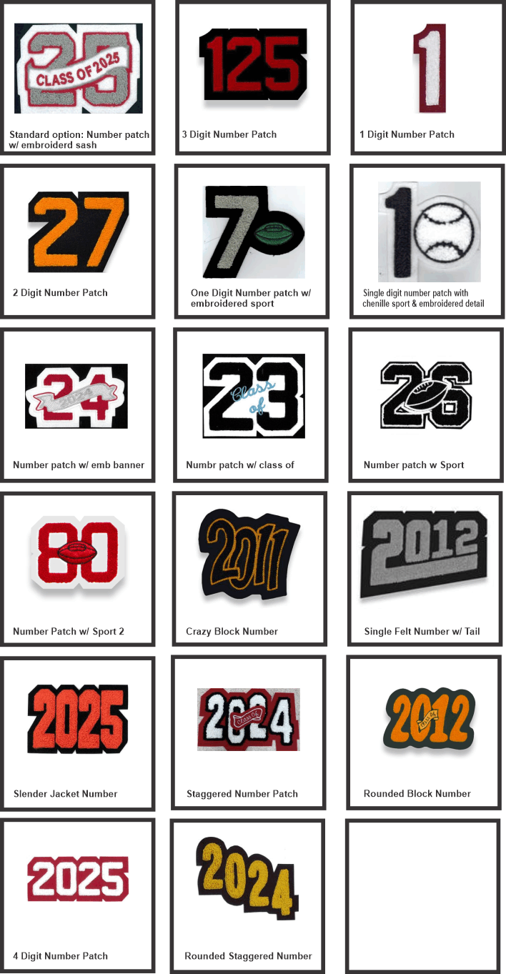 Chenille patch numbers and graduating year — Hats Off