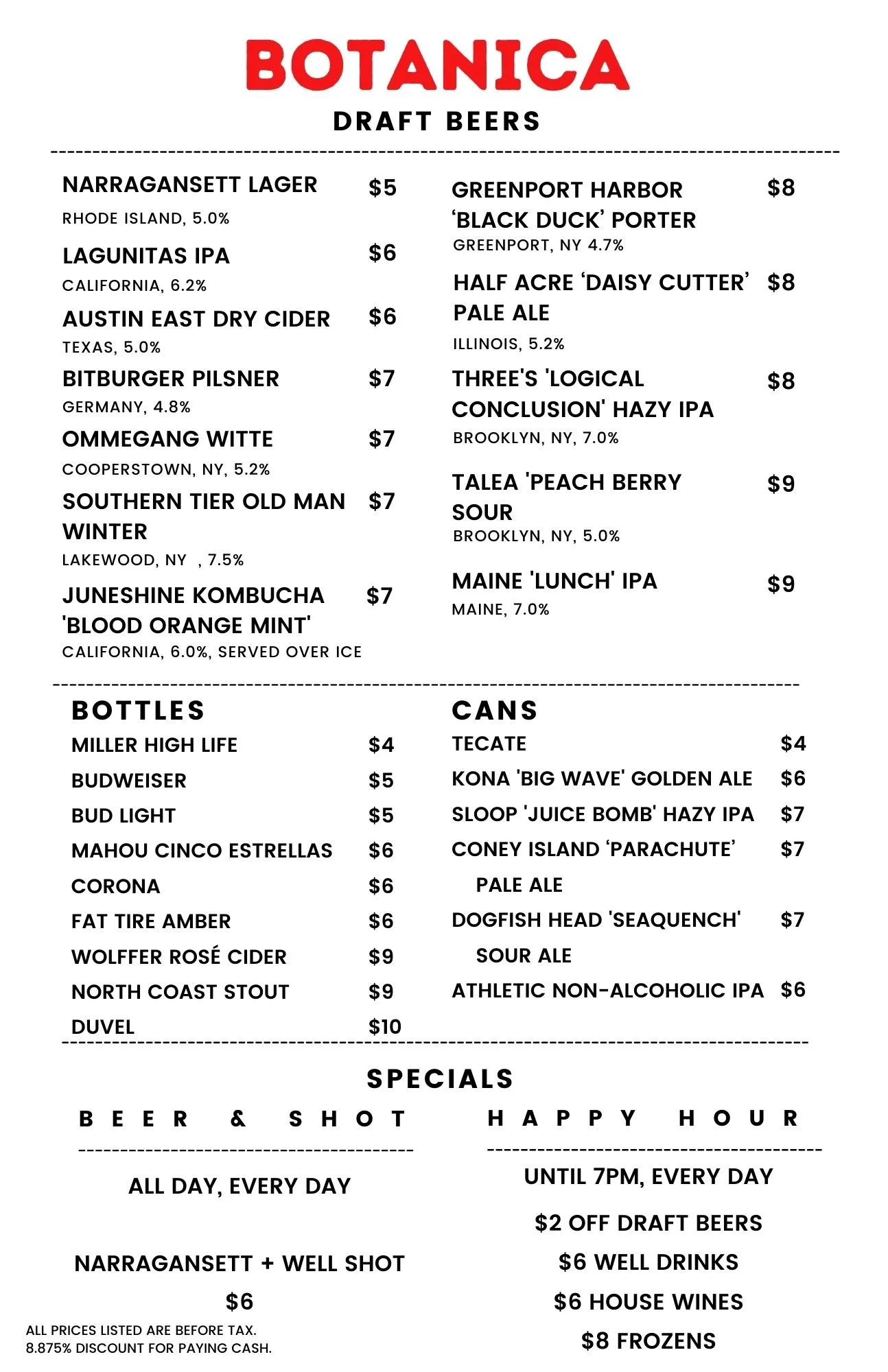 Drinks Menu — Botanica Bar