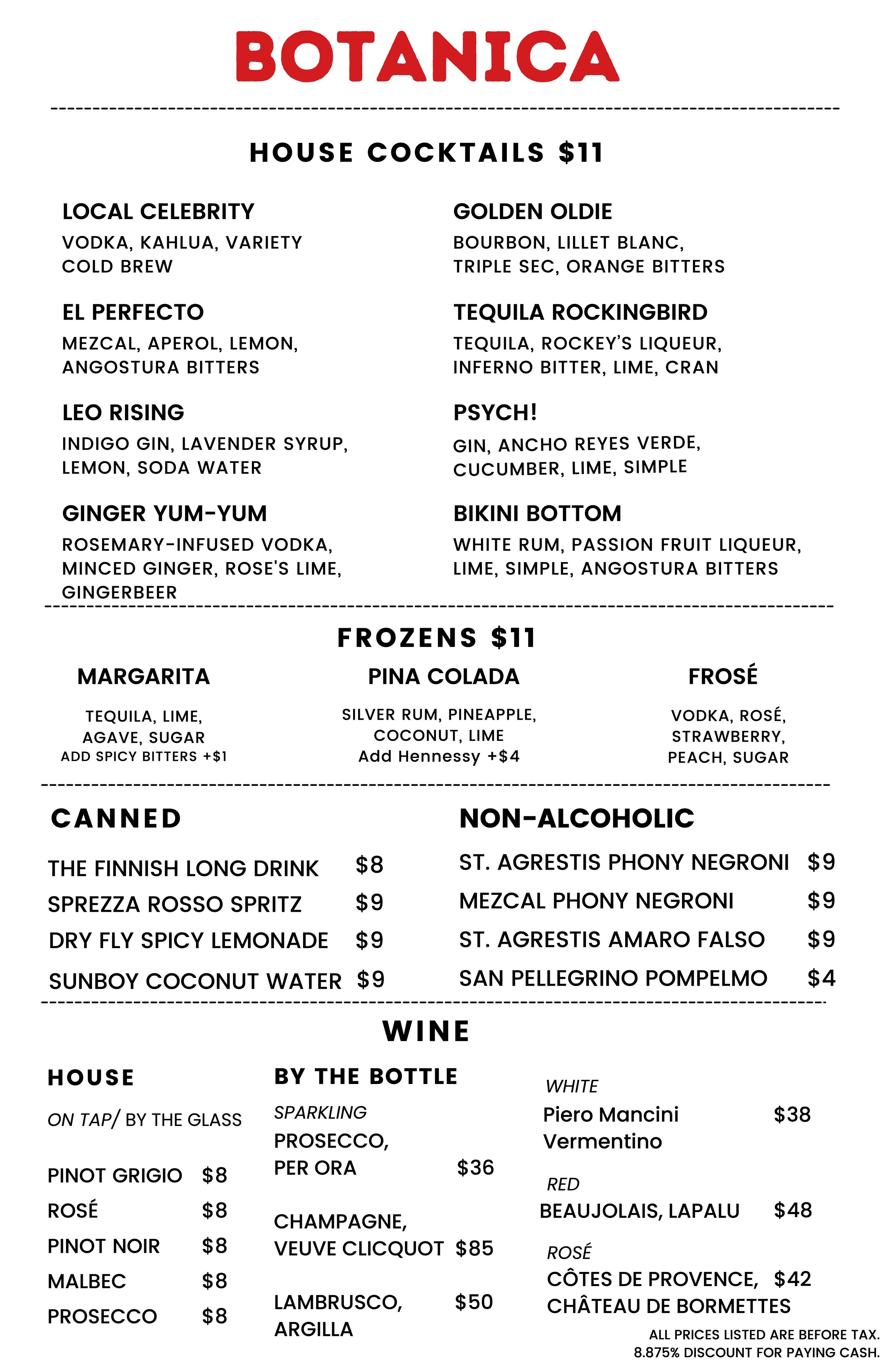Drinks Menu — Botanica Bar