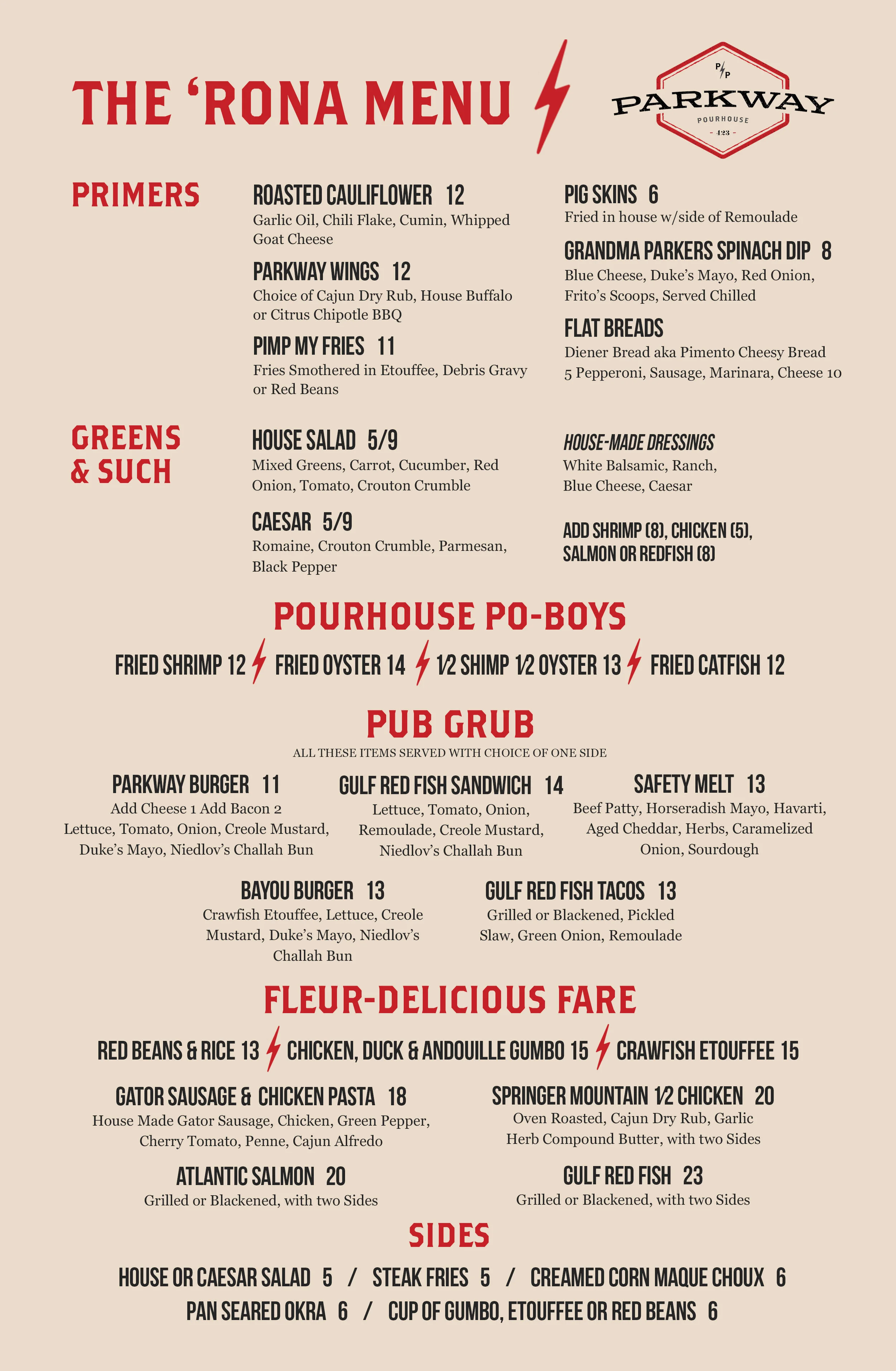 TAKEOUT "RONA" MENU — Parkway Pourhouse