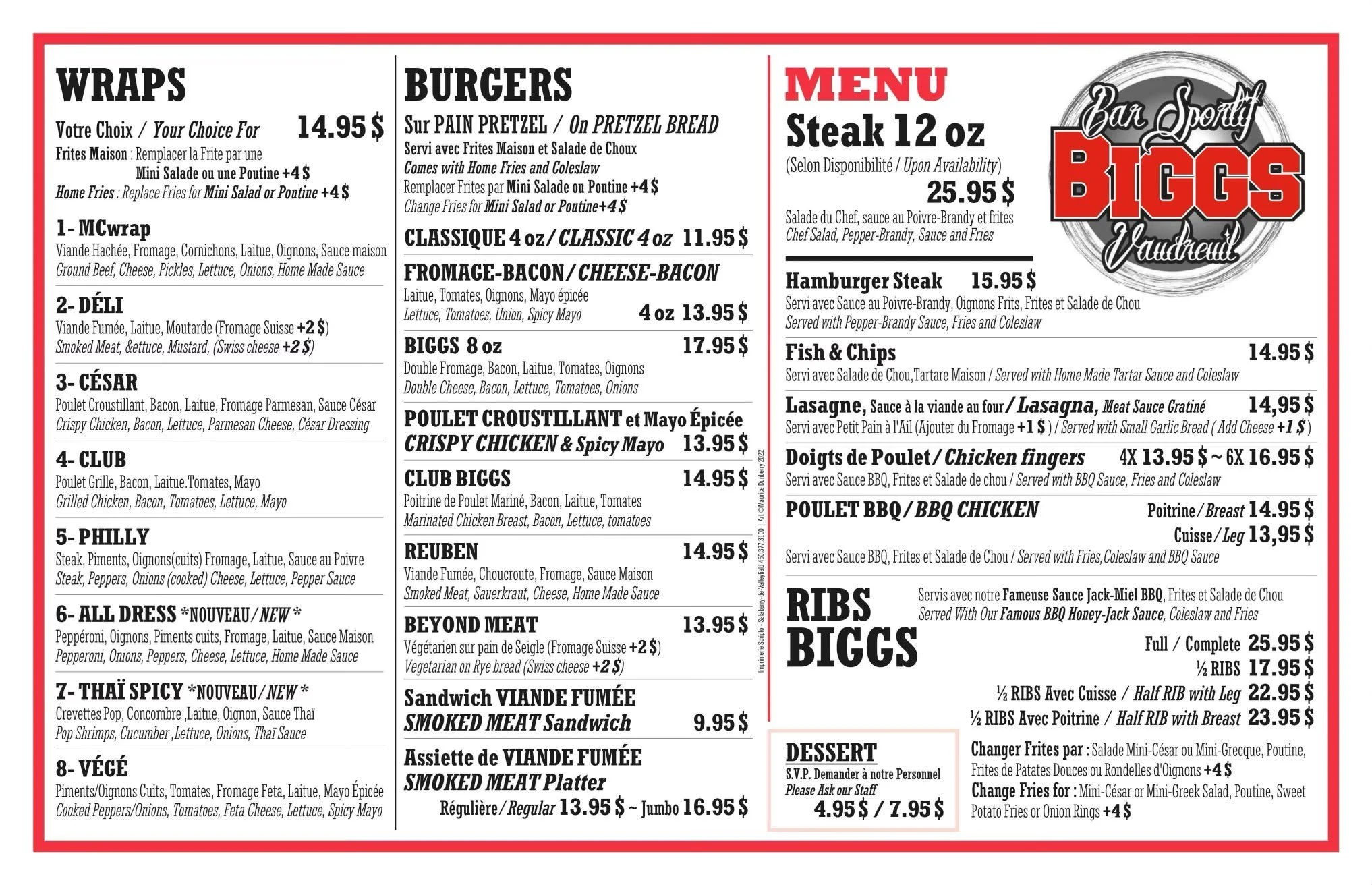 Bar Sportif Biggs Menu — Bar Sportif Biggs