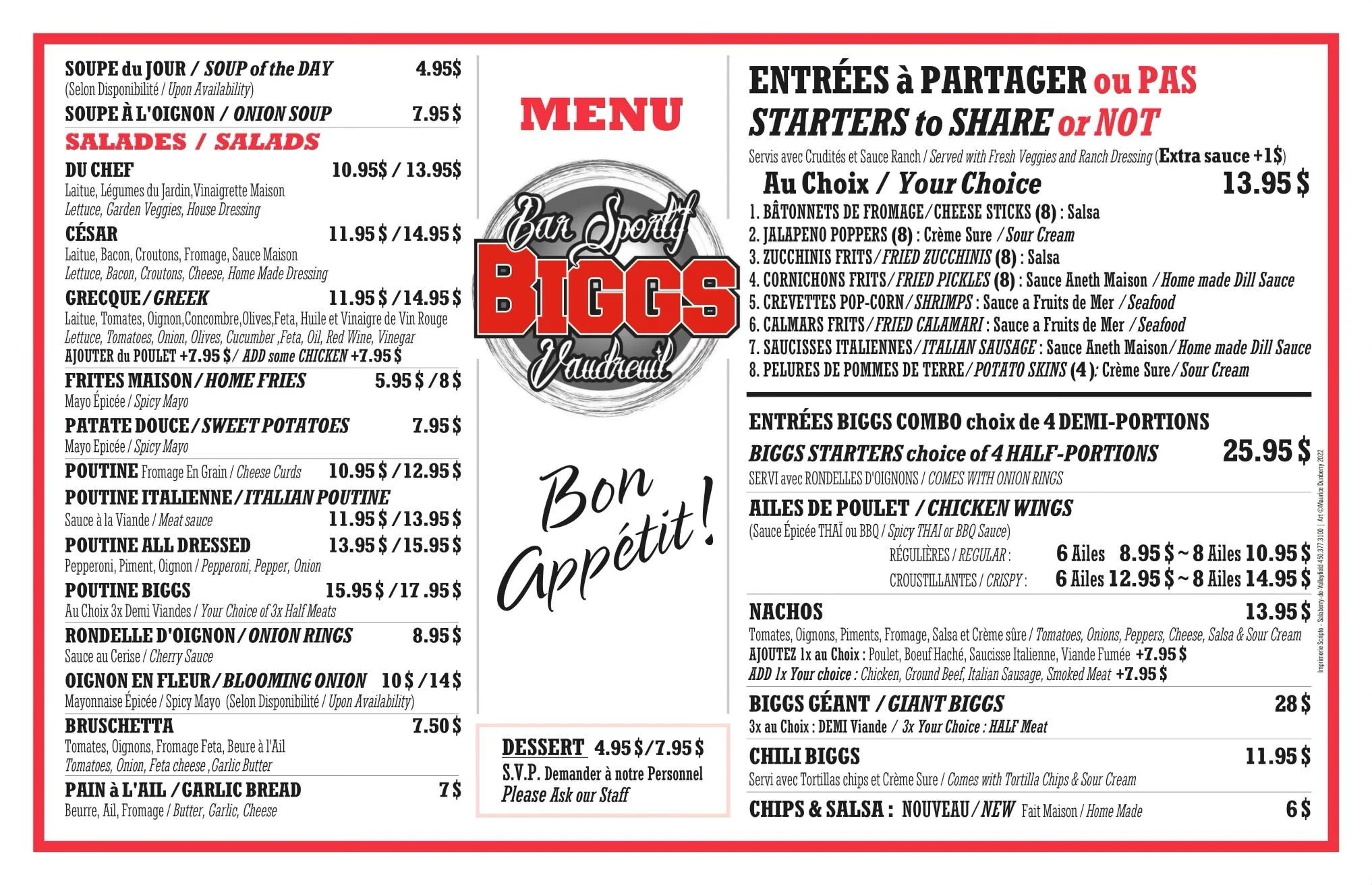 Bar Sportif Biggs Menu — Bar Sportif Biggs