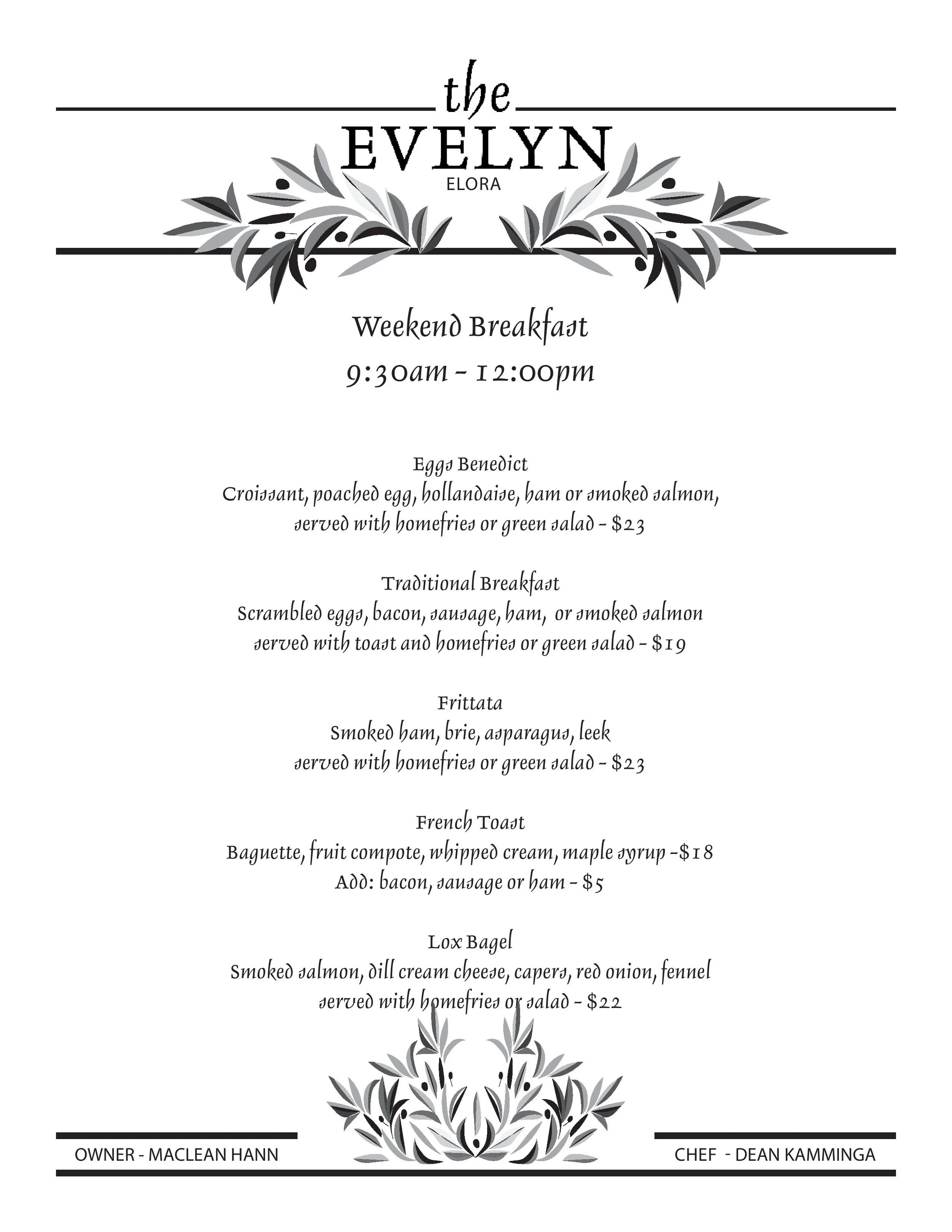 Weekend Breakfast Menu — The Evelyn