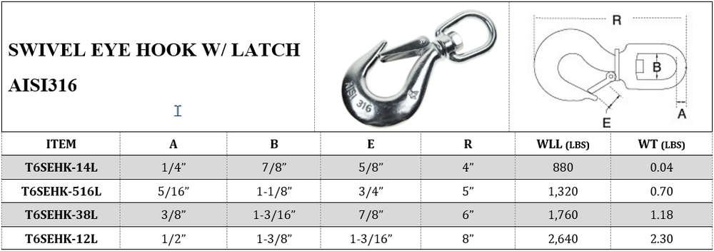 STAINLESS STEEL SWIVEL EYE HOOK WITH LATCH AISI316 — Kerr Unit Inc