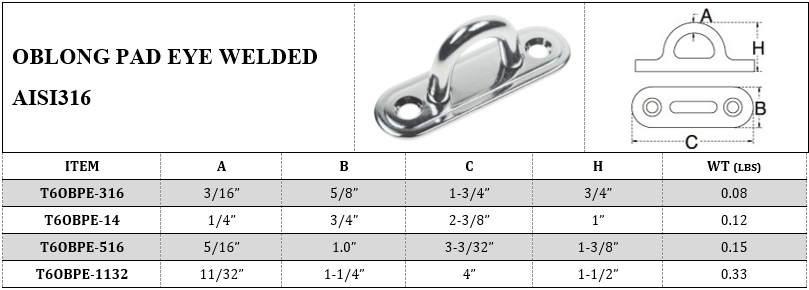 STAINLESS STEEL OBLONG PAD EYE WELDED AISI316 - T6OBPE — Kerr Unit Inc