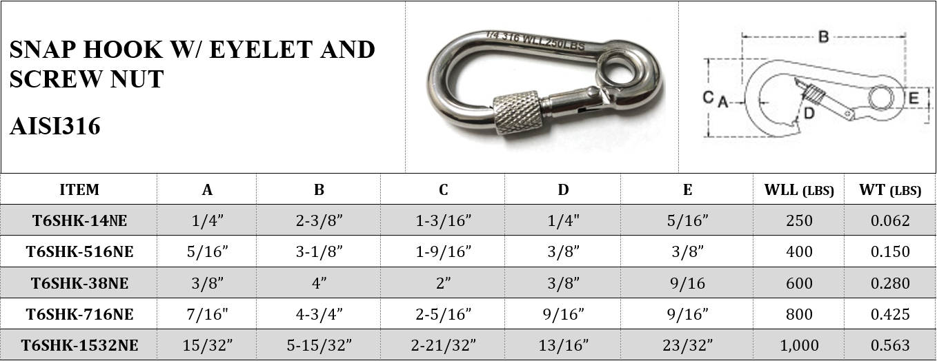 STAINLESS STEEL SNAP HOOK WITH EYELET AND SCREW NUT AISI316 — Kerr Unit Inc