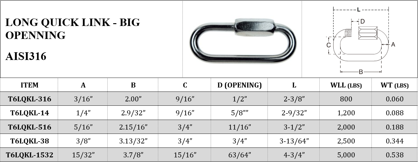 STAINLESS STEEL LONG QUICK LINK BIG OPENING AISI316 - T6LQKL — Kerr ...