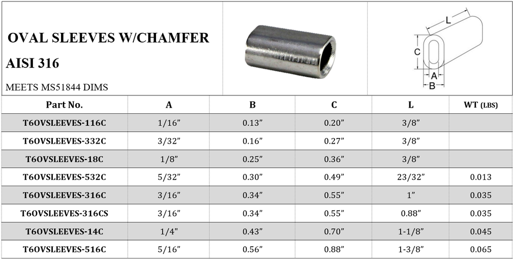 OVAL SLEEVES WITH CHAMFER AISI316 - T6OVSLEEVES — Kerr Unit Inc