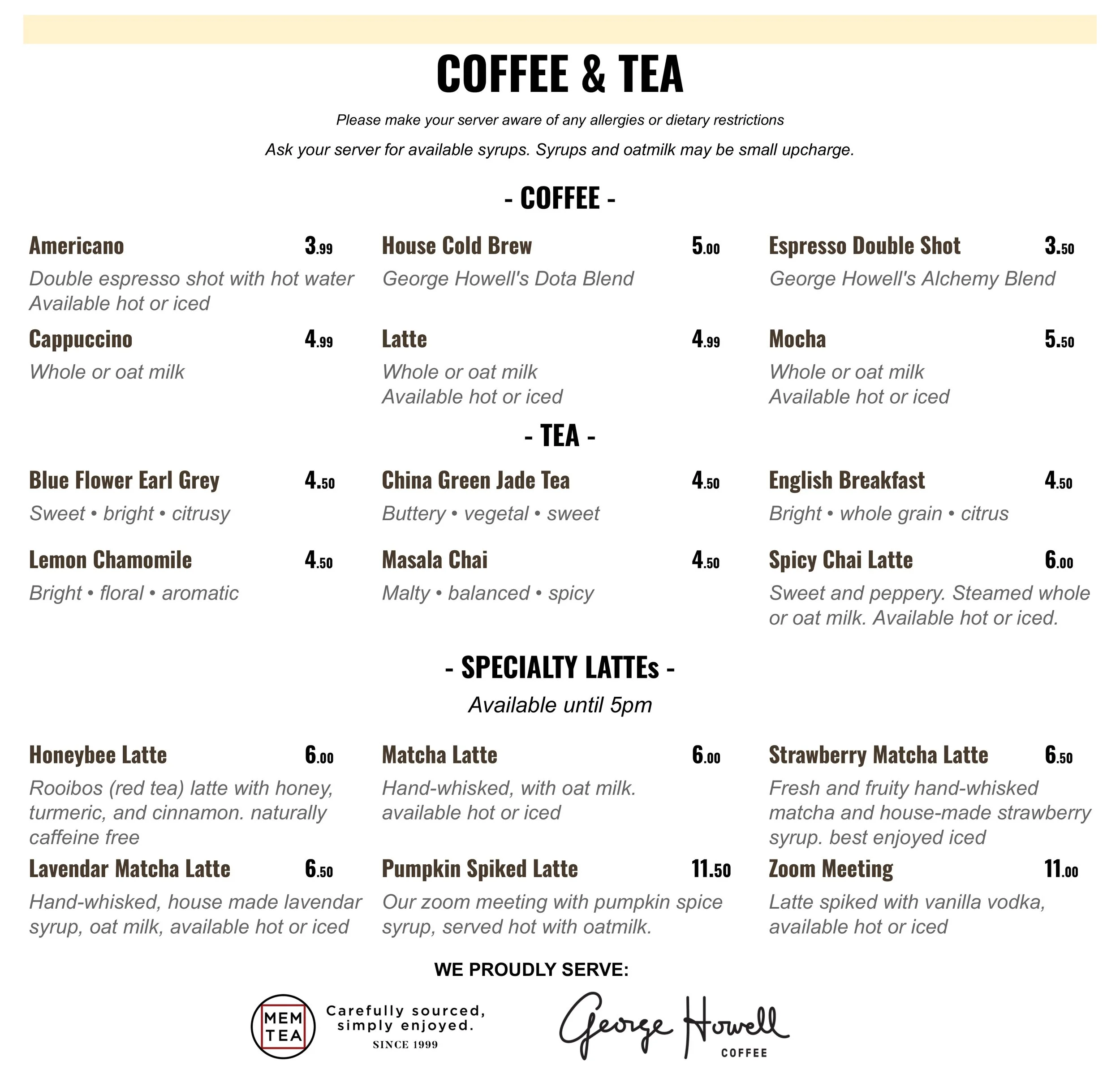 Menu — Tavern of Tales