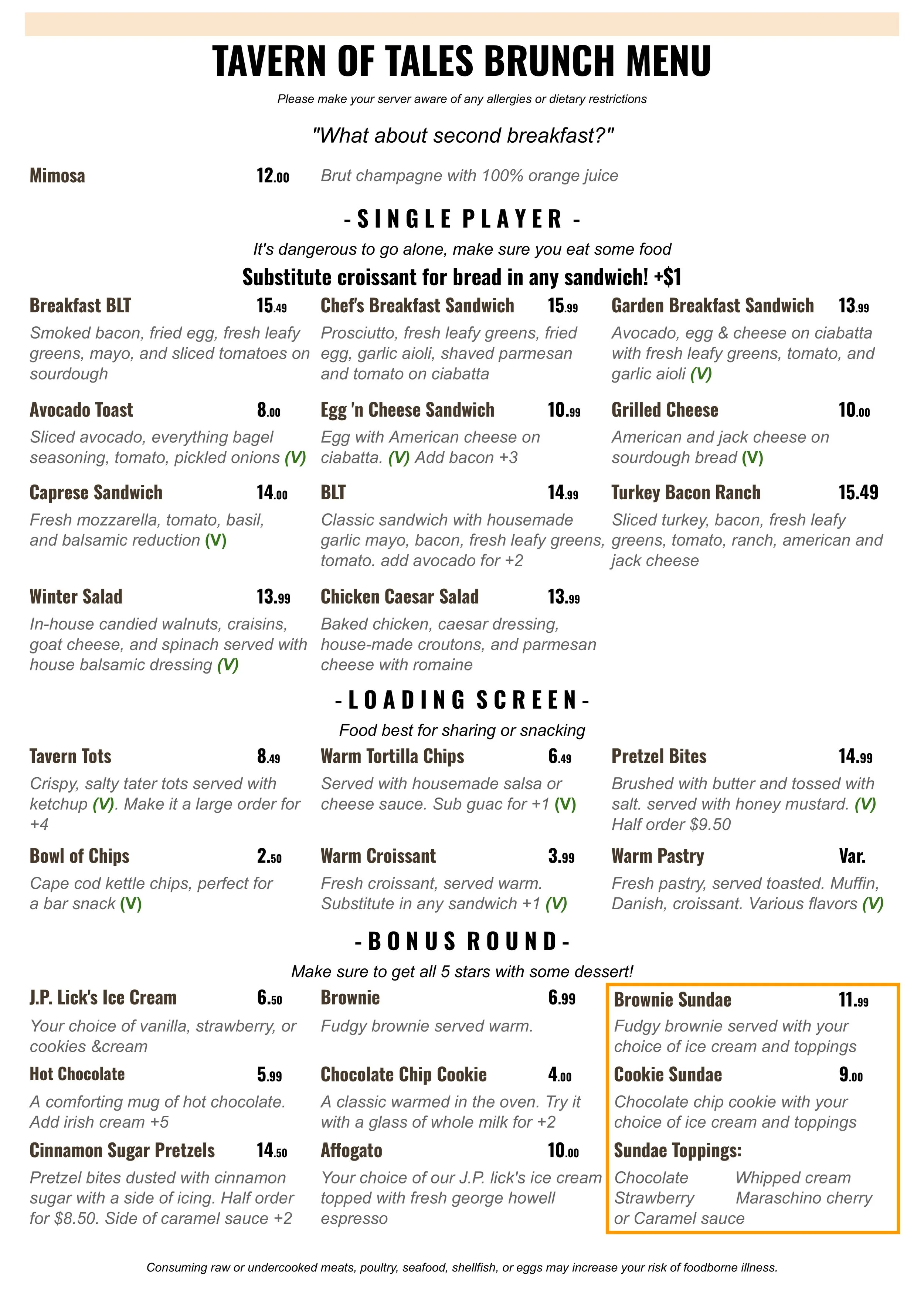 Menu — Tavern of Tales