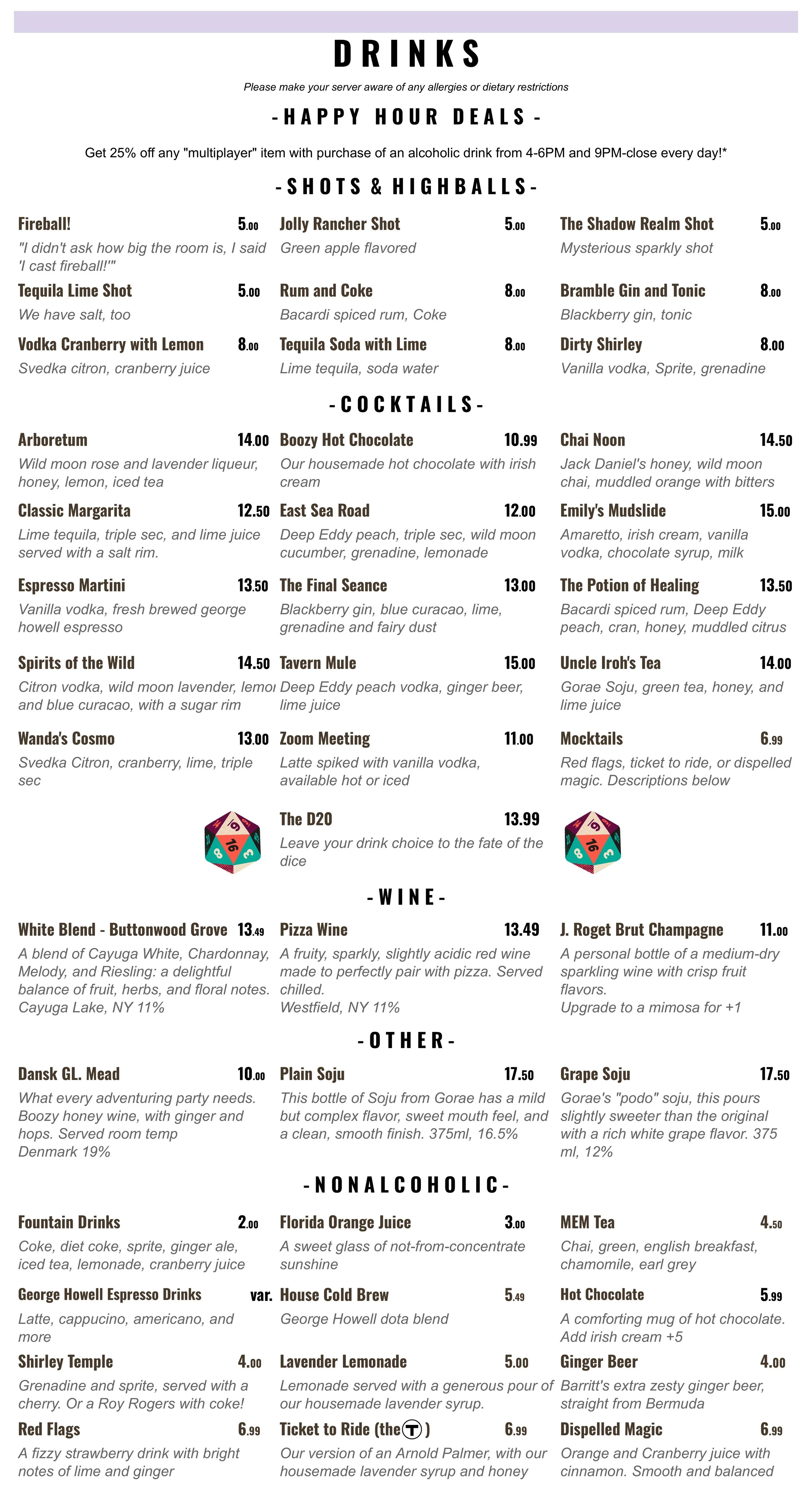 Menu — Tavern of Tales