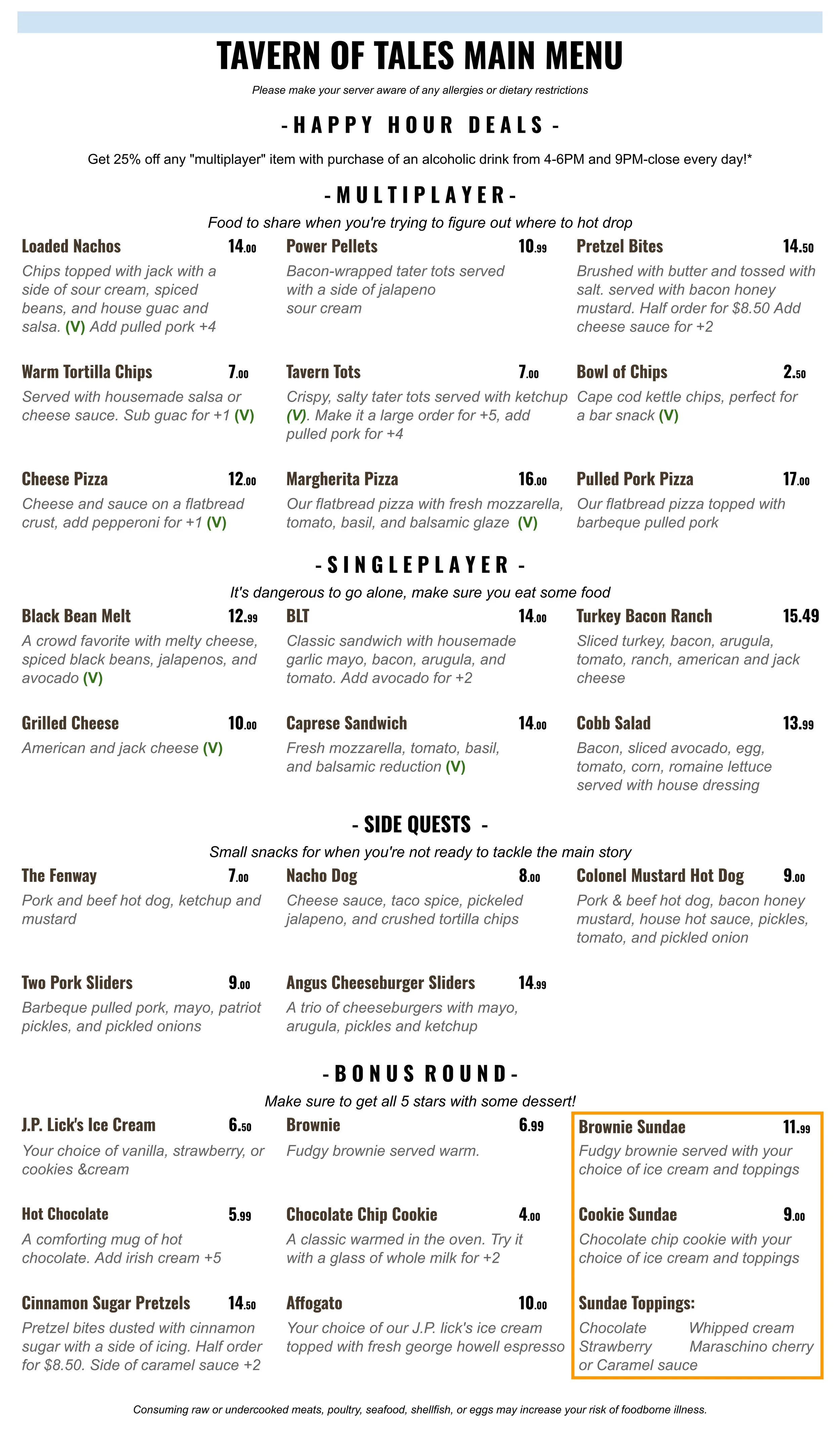 Menu — Tavern of Tales