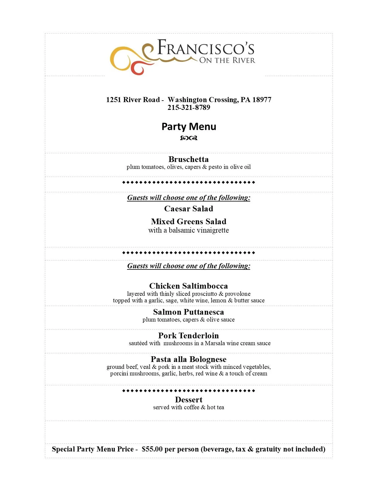 Large Party Menus — Francisco's On the River