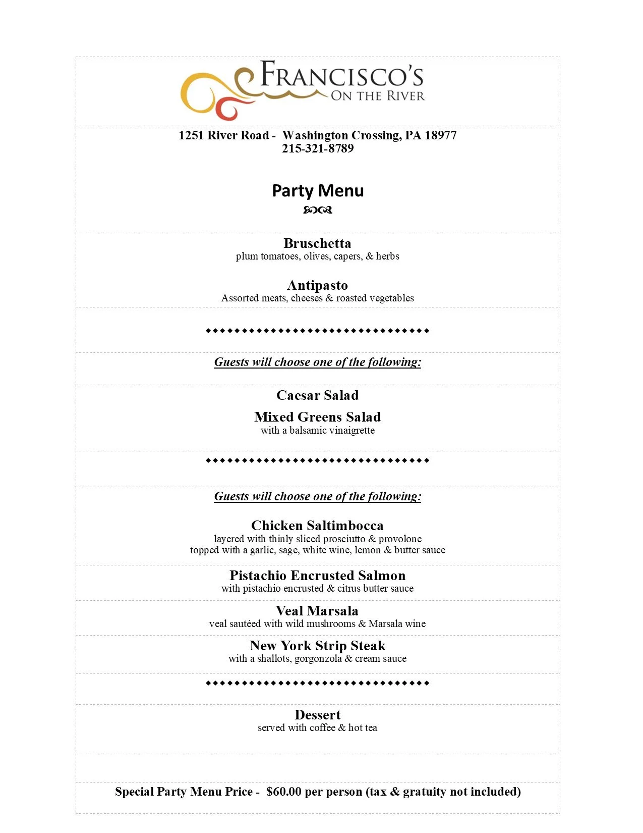 Large Party Menus — Francisco's On the River